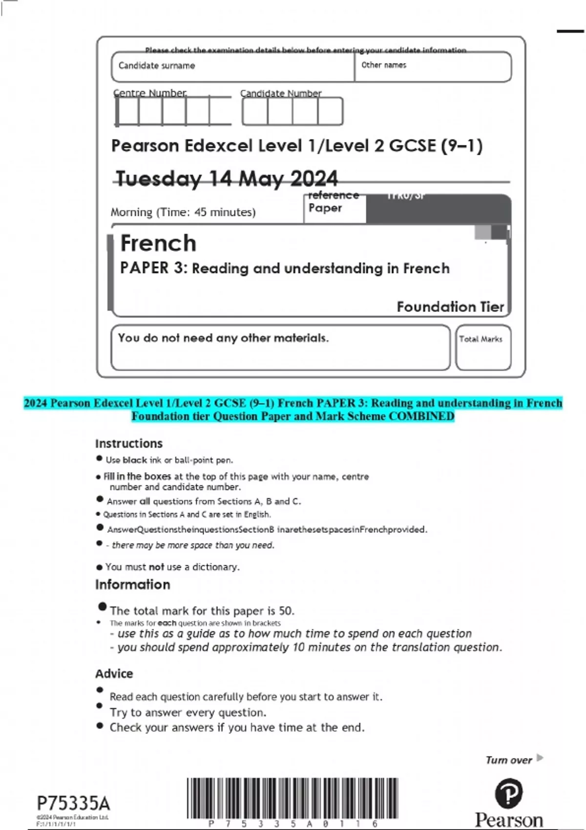 2024 Pearson Edexcel Level 1/Level 2 GCSE (9–1) French PAPER 3: Reading ...