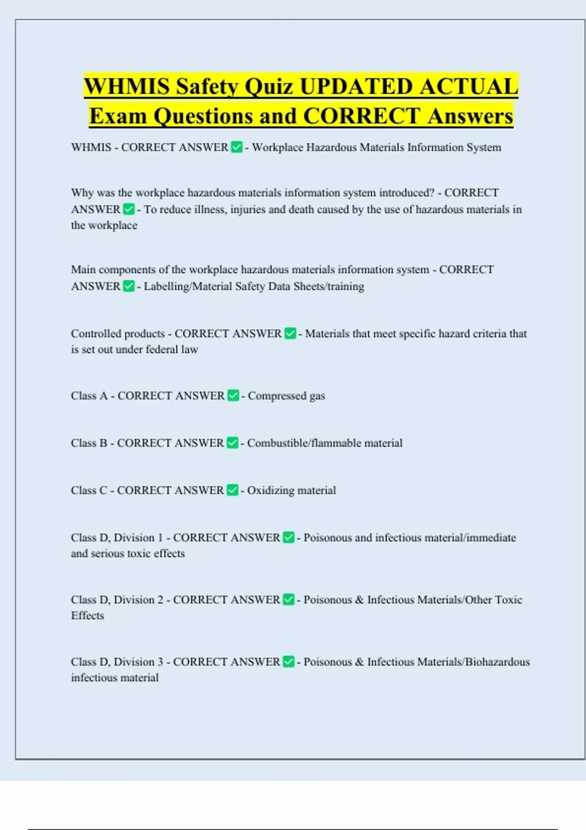 WHMIS Safety Quiz UPDATED ACTUAL Exam Questions and CORRECT Answers ...