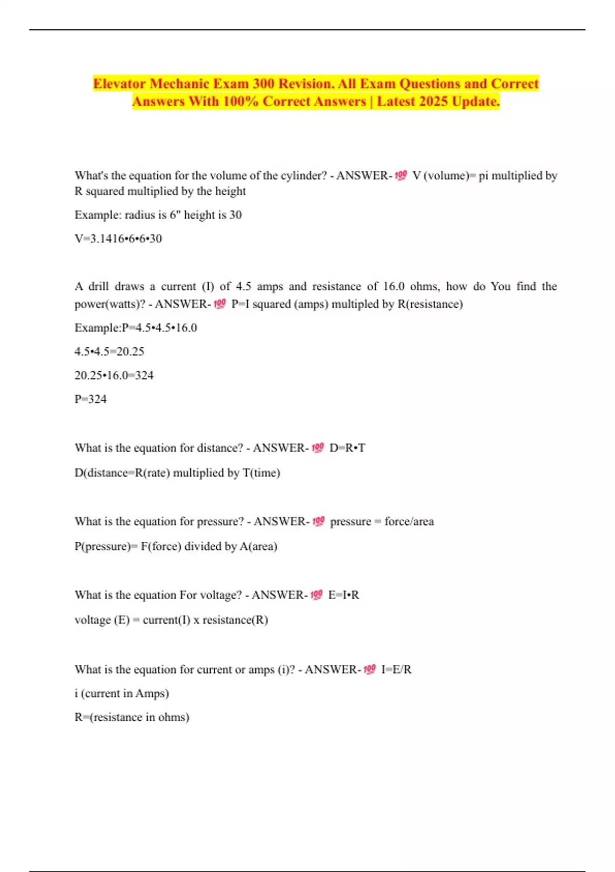 Elevator Mechanic. All Exam Questions and Correct Answers With 100% ...