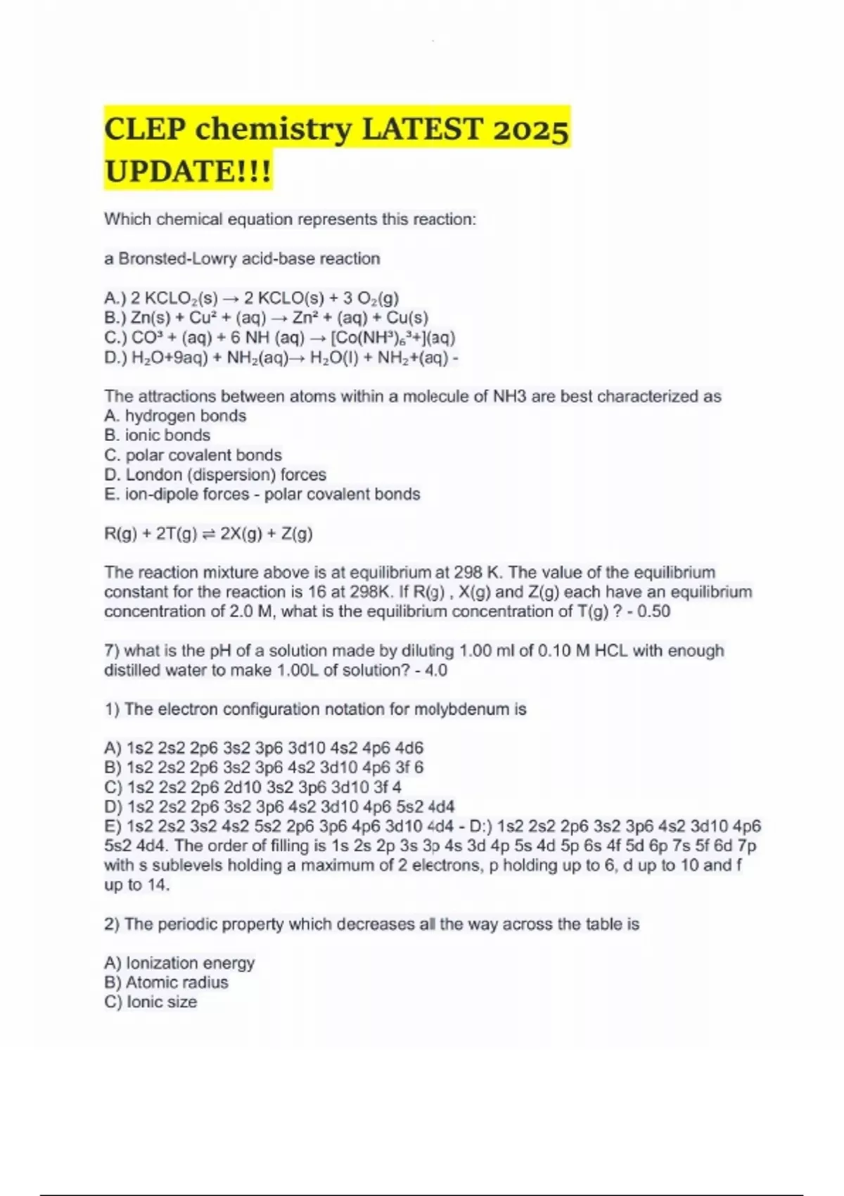 CLEP chemistry LATEST 2025 UPDATE!! - Chem Clep 2025 - Stuvia US
