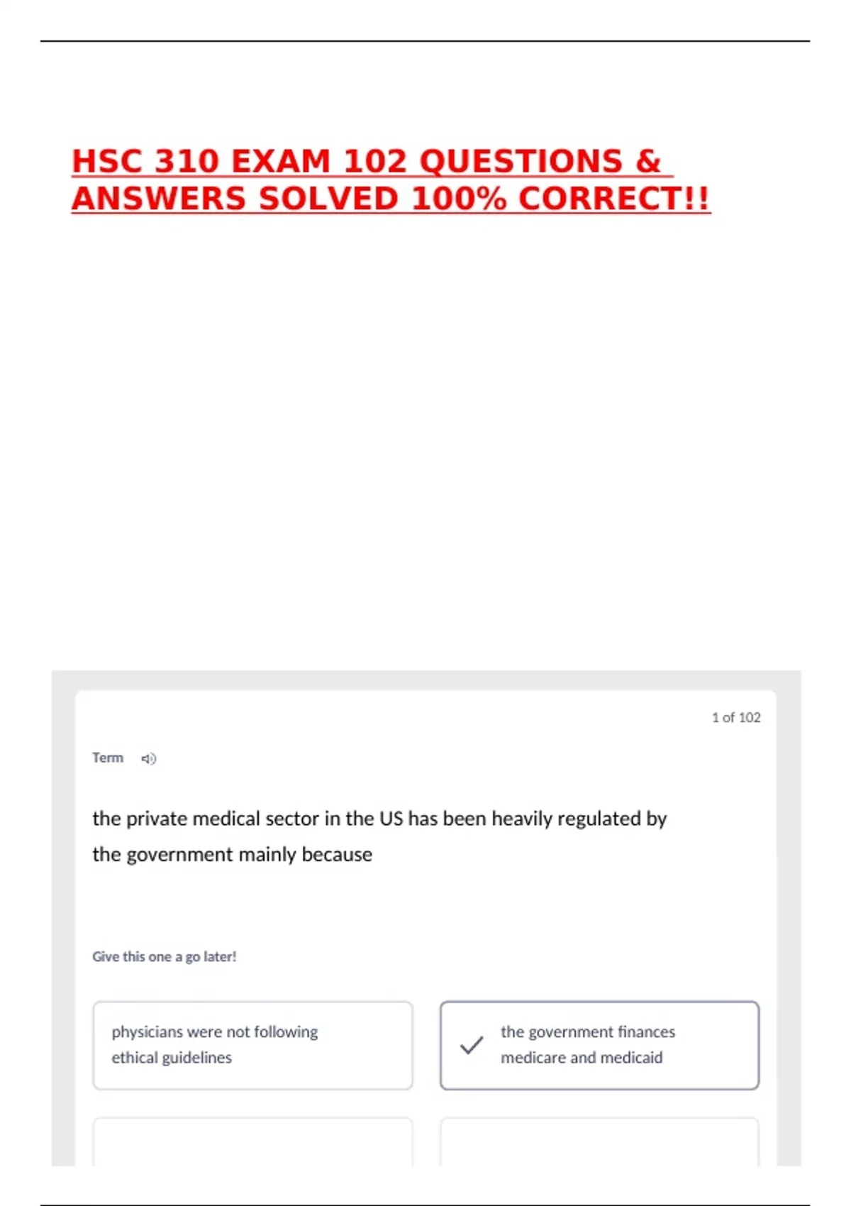 HSC 310 EXAM 102 QUESTIONS & ANSWERS SOLVED 100% CORRECT!! - HSC 310 - Stuvia US