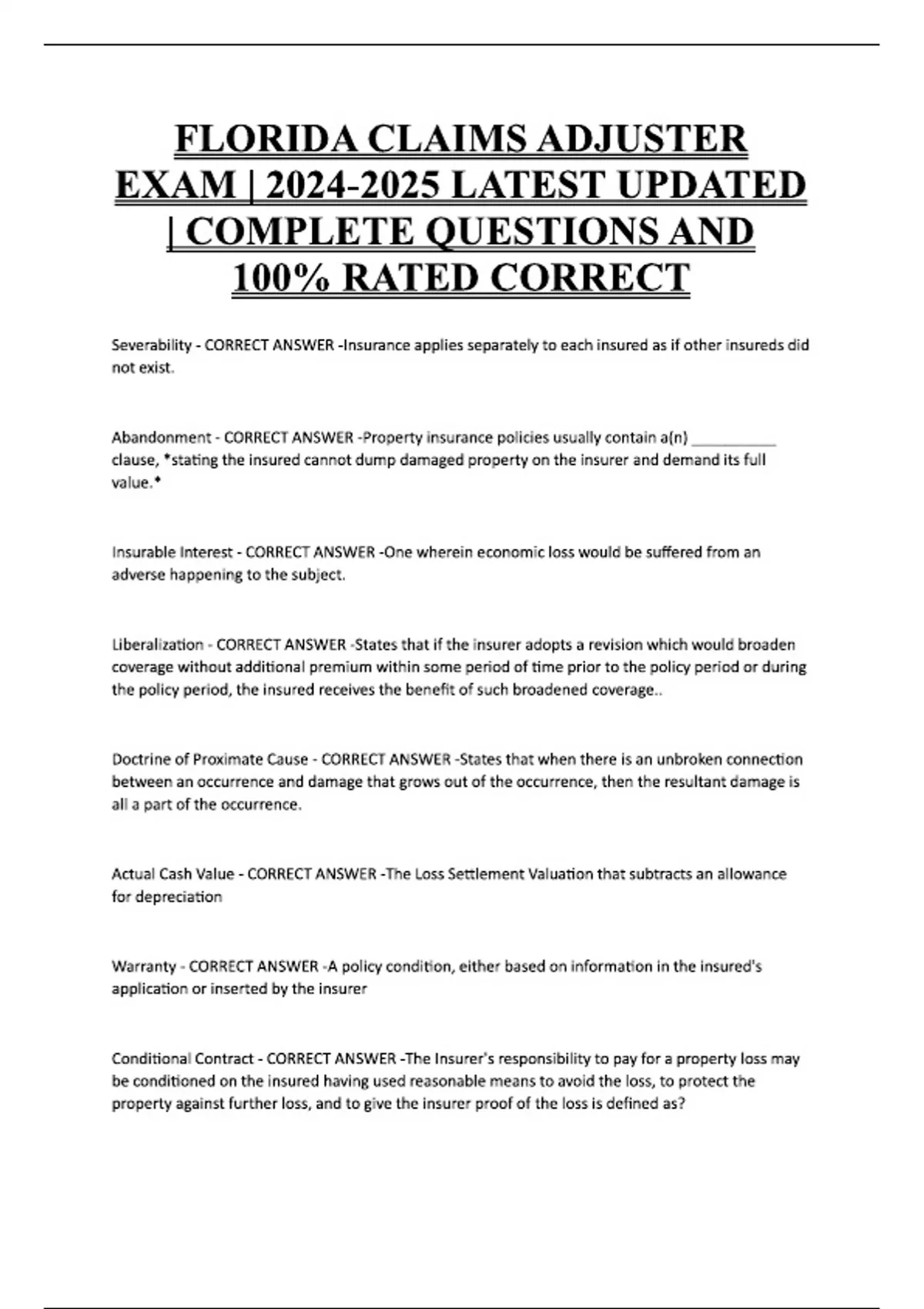 FLORIDA CLAIMS ADJUSTER EXAM | LATEST UPDATED | COMPLETE QUESTIONS AND ...