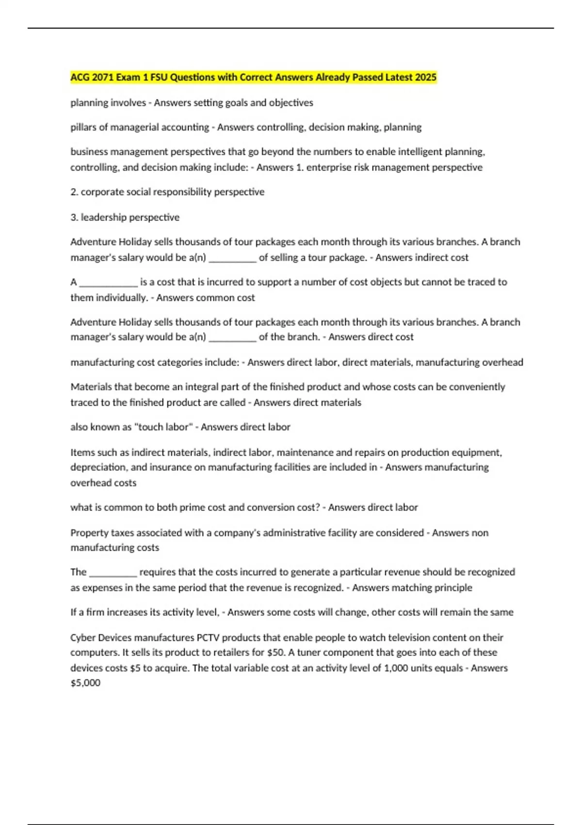 ACG 2071 Exam 1 FSU Questions with Correct Answers Already Passed ...