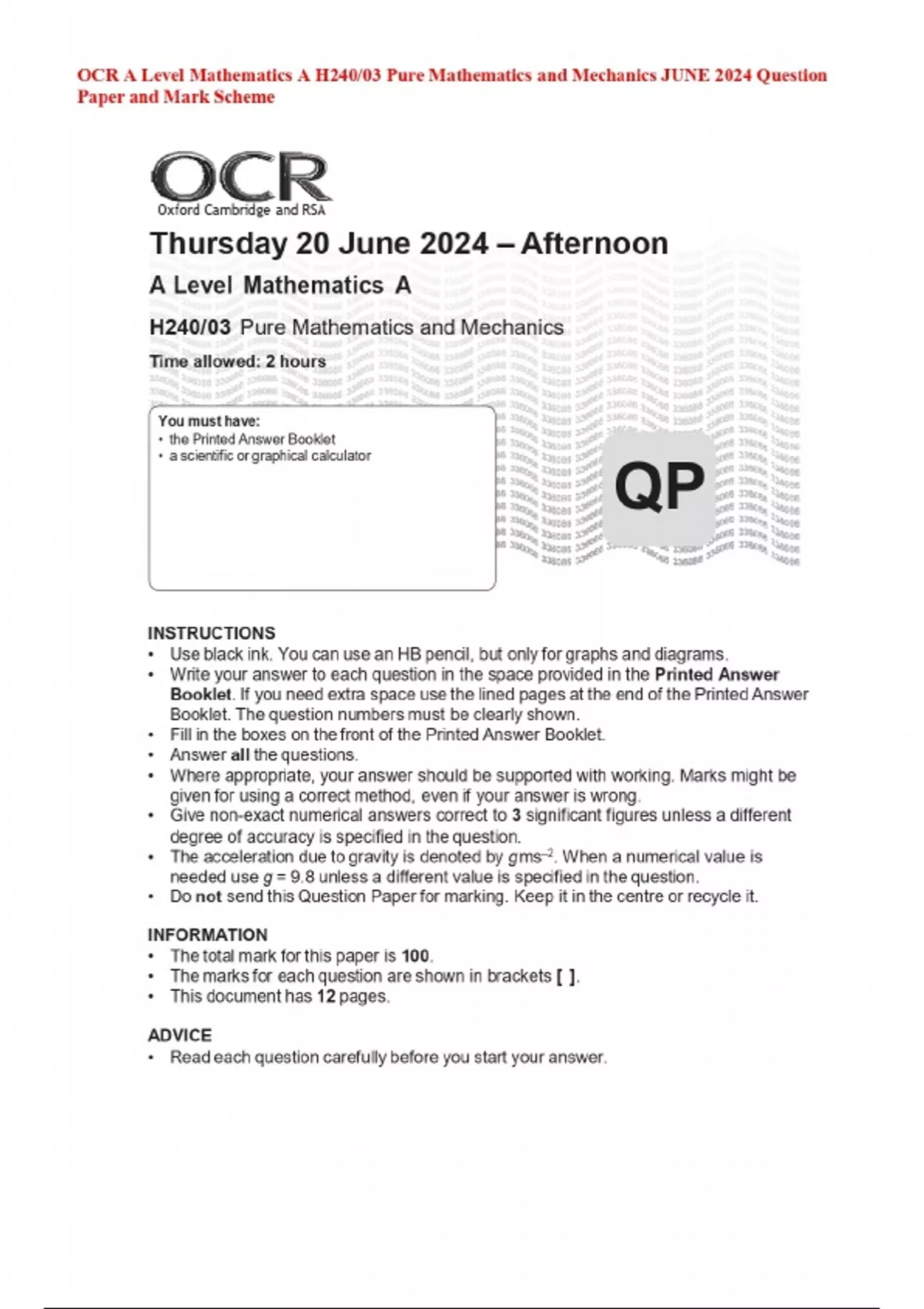 OCR A Level Mathematics A H240/03 Pure Mathematics and Mechanics JUNE ...