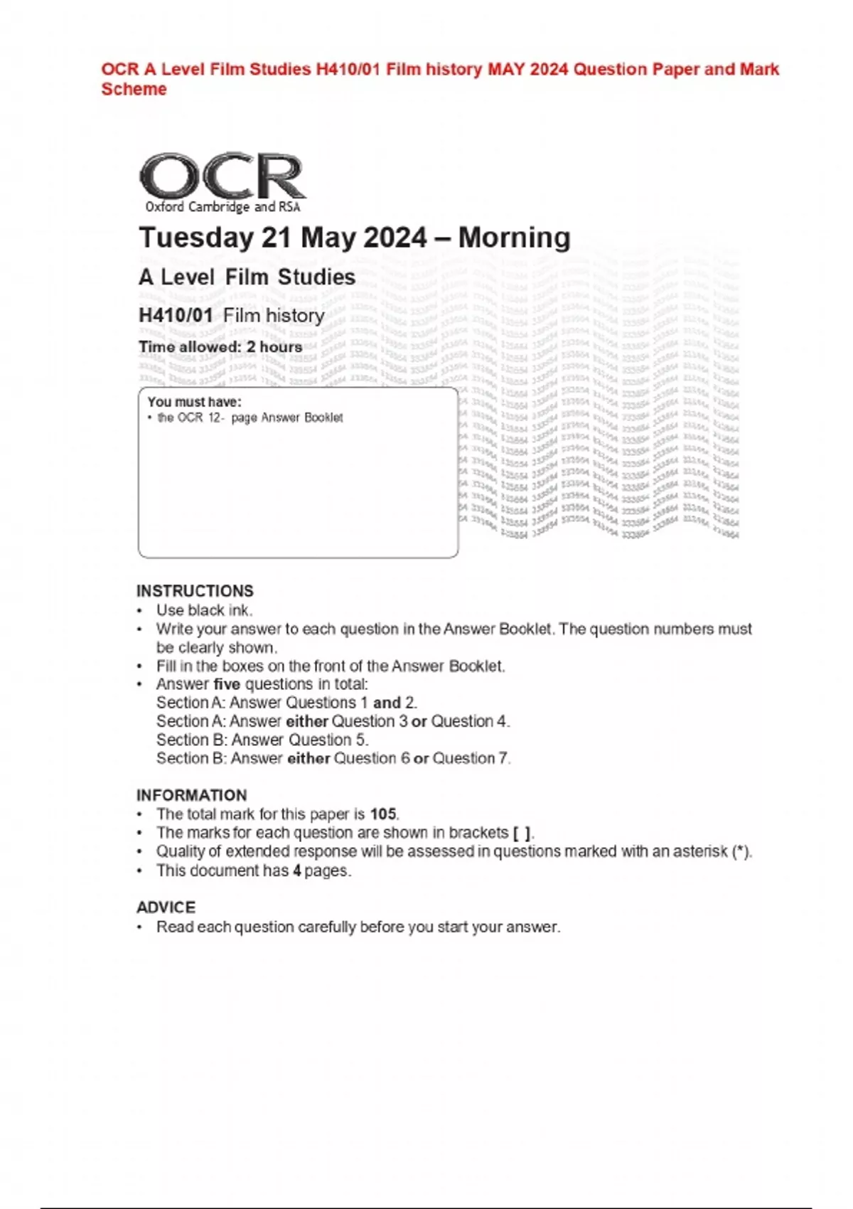 OCR A Level Film Studies H410/01 Film history MAY 2024 Question Paper and Mark Scheme - OCR ...