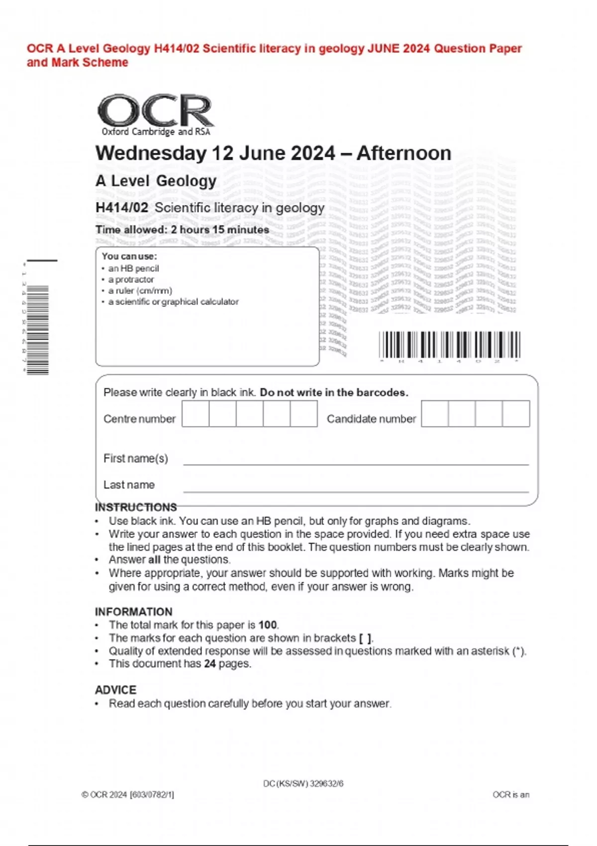 OCR A Level Geology H414/02 Scientific literacy in geology JUNE 2024 ...