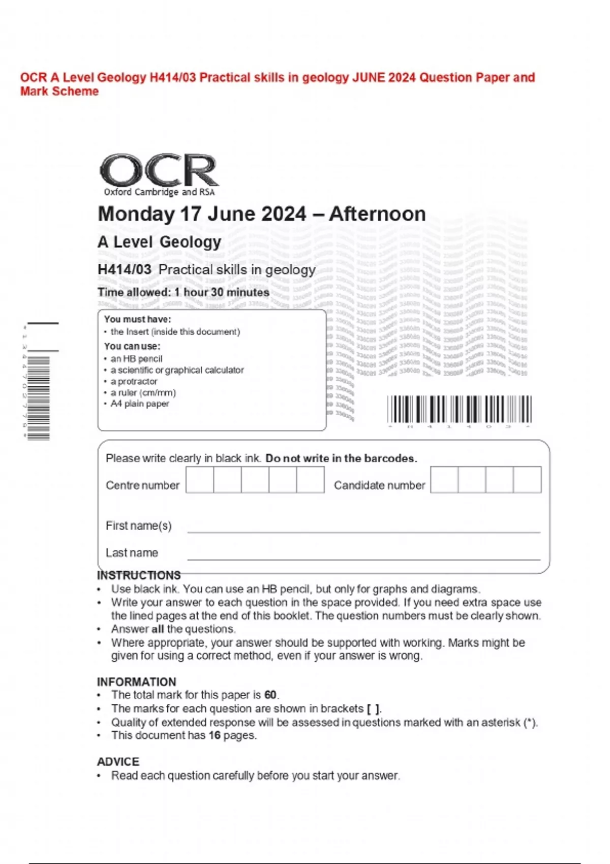 OCR A Level Geology H414/03 Practical skills in geology JUNE 2024 ...