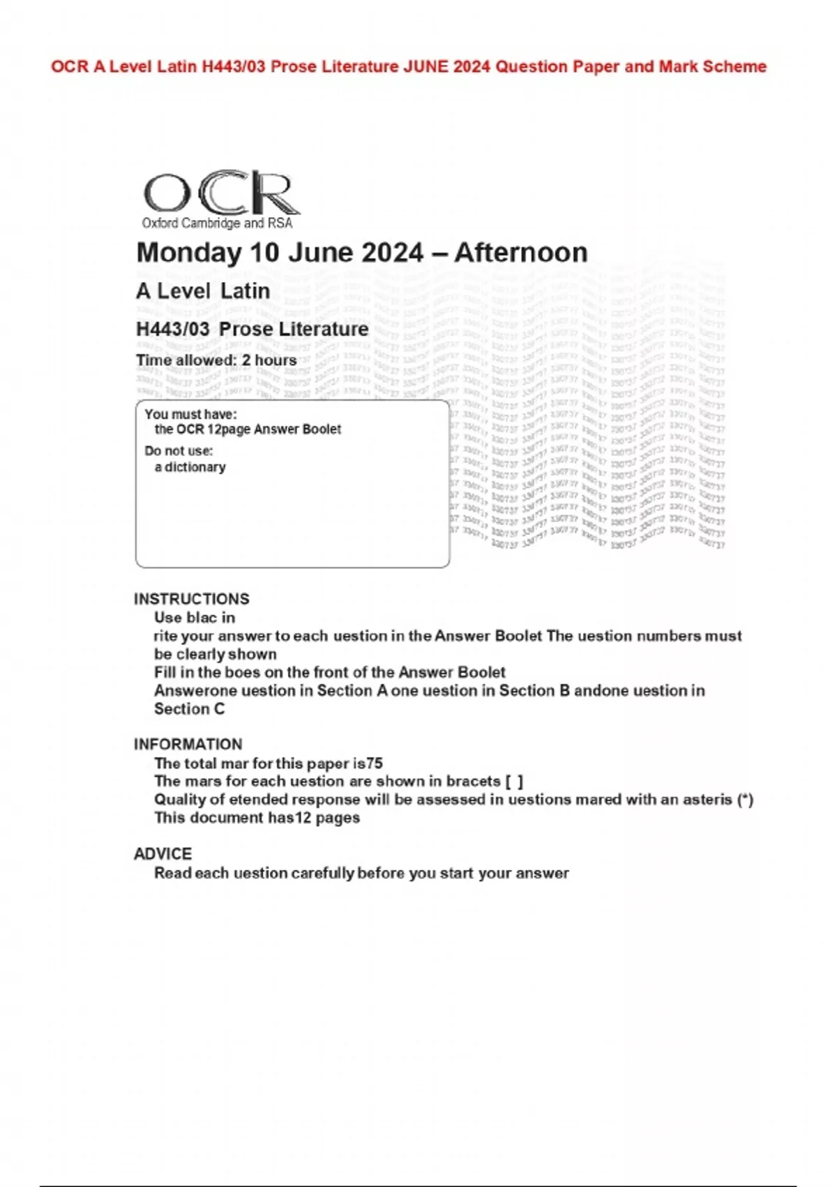 OCR A Level Latin H443/03 Prose Literature JUNE 2024 Question Paper and ...