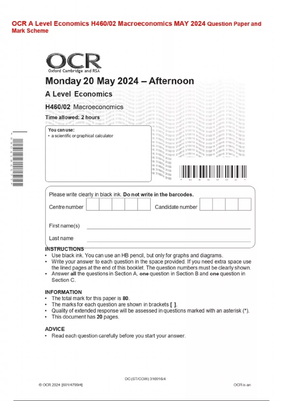 OCR A Level Economics H460/02 Macroeconomics MAY 2024 Question Paper and Mark Scheme - OCR ...