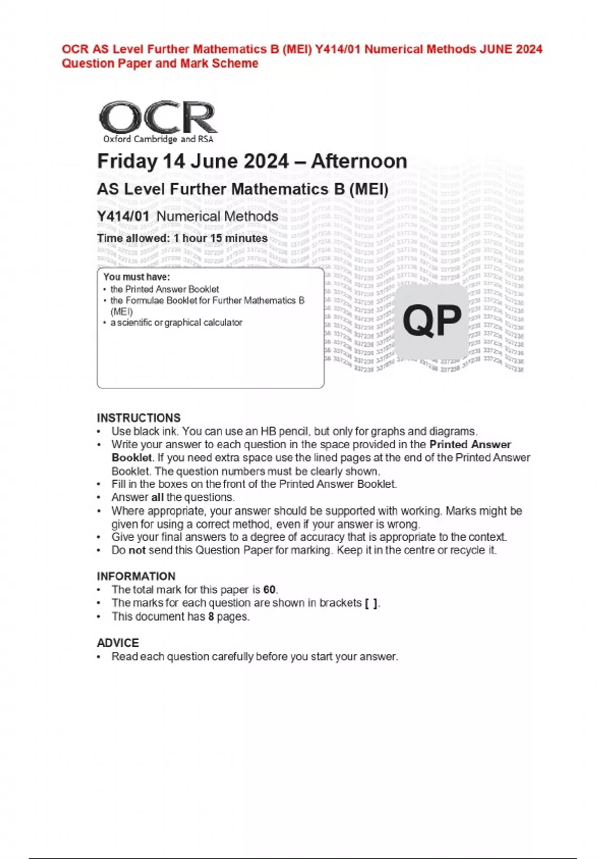 BUNDLE :::OCR A Level Further Mathematics Question Paper with Mark ...