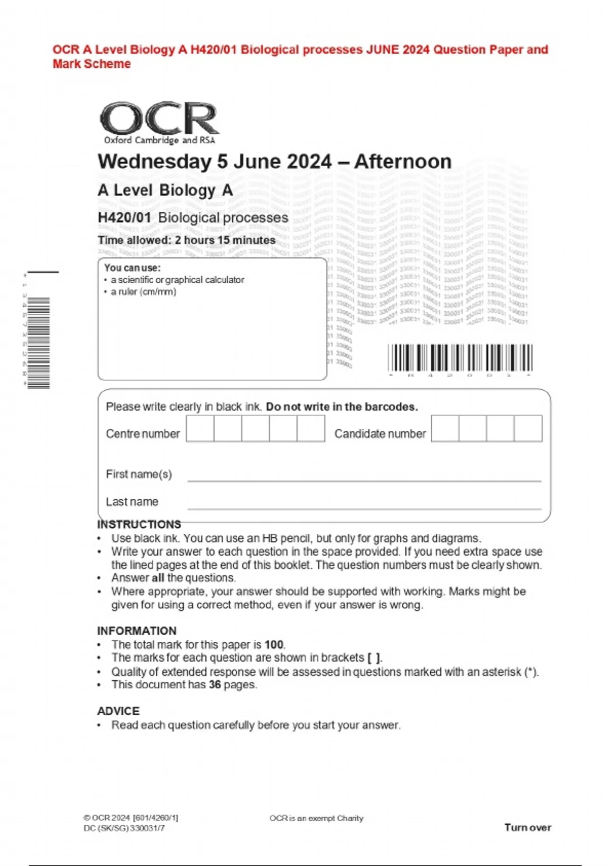 OCR A Level Biology A H420/01 Biological processes JUNE 2024 Question ...