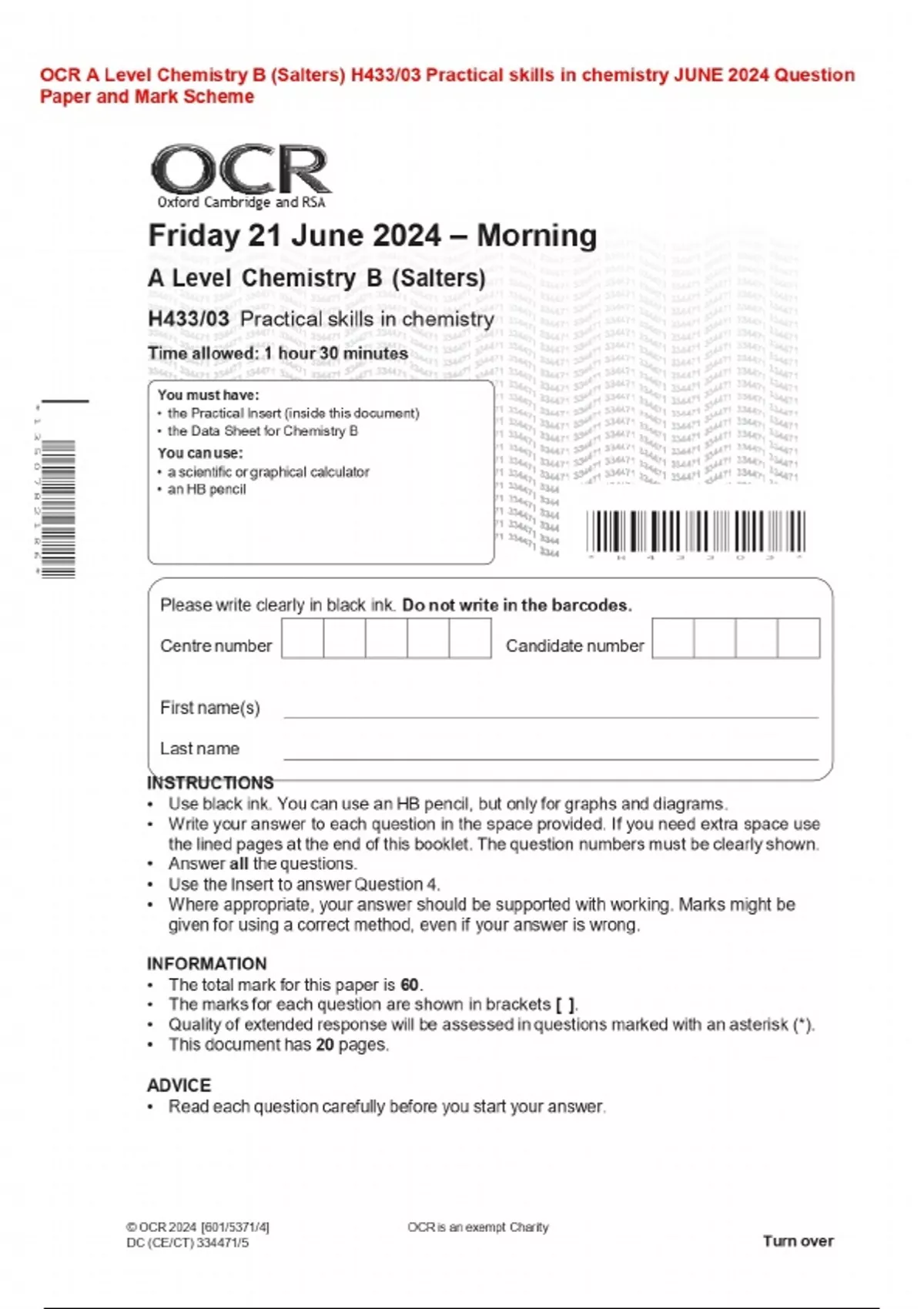 OCR A Level Chemistry B (Salters) H433/03 Practical skills in chemistry JUNE 2024 Question Paper ...