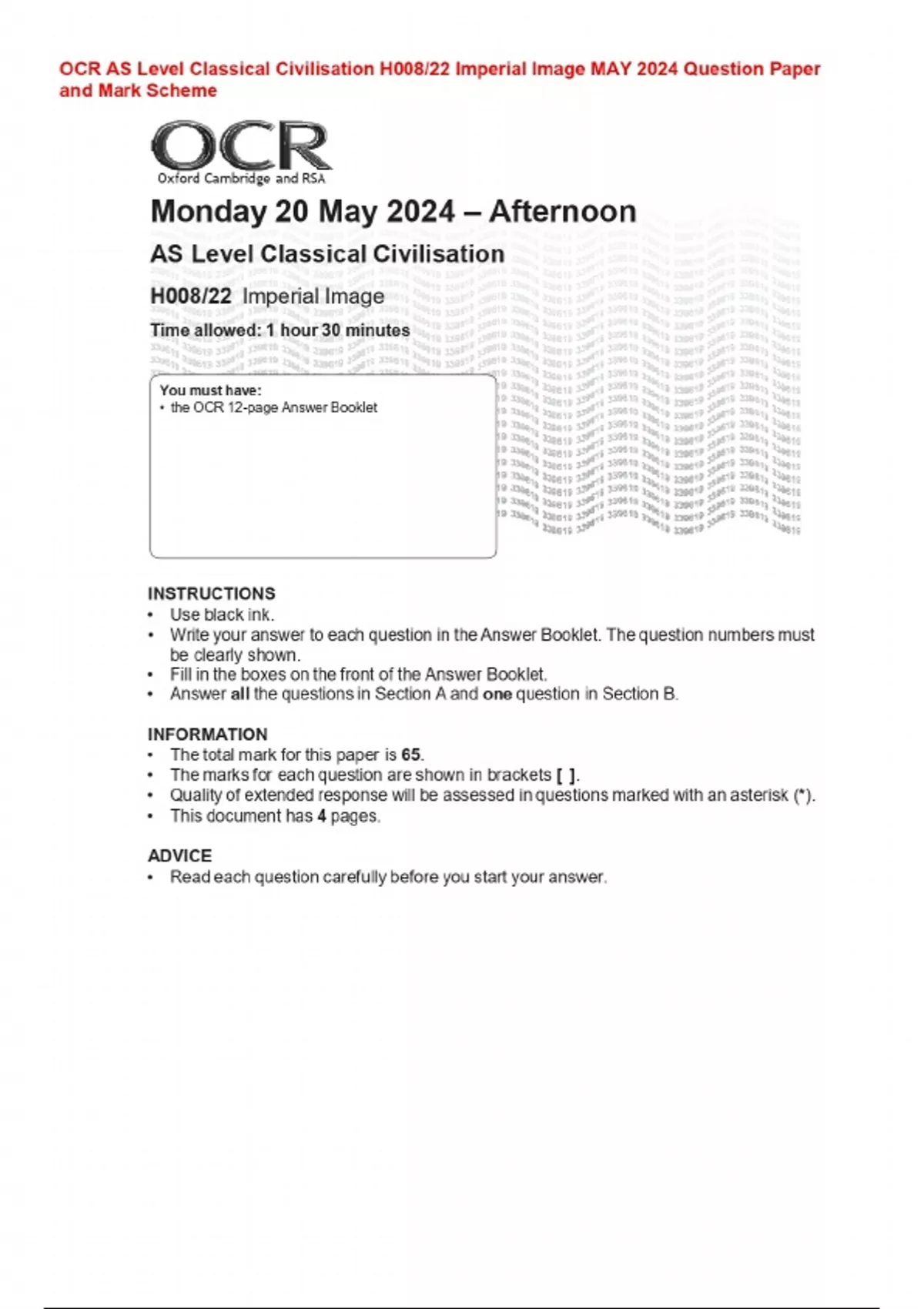 OCR AS Level Classical Civilisation H008/22 Imperial Image MAY 2024 ...