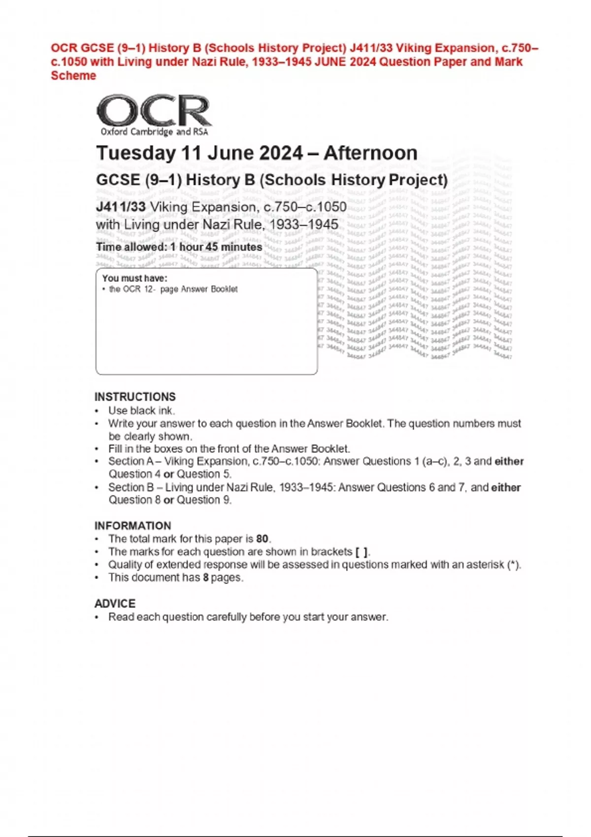 OCR GCSE (9–1) History B (Schools History Project) J411/33 Viking Expansion, c.750– c.1050 with ...