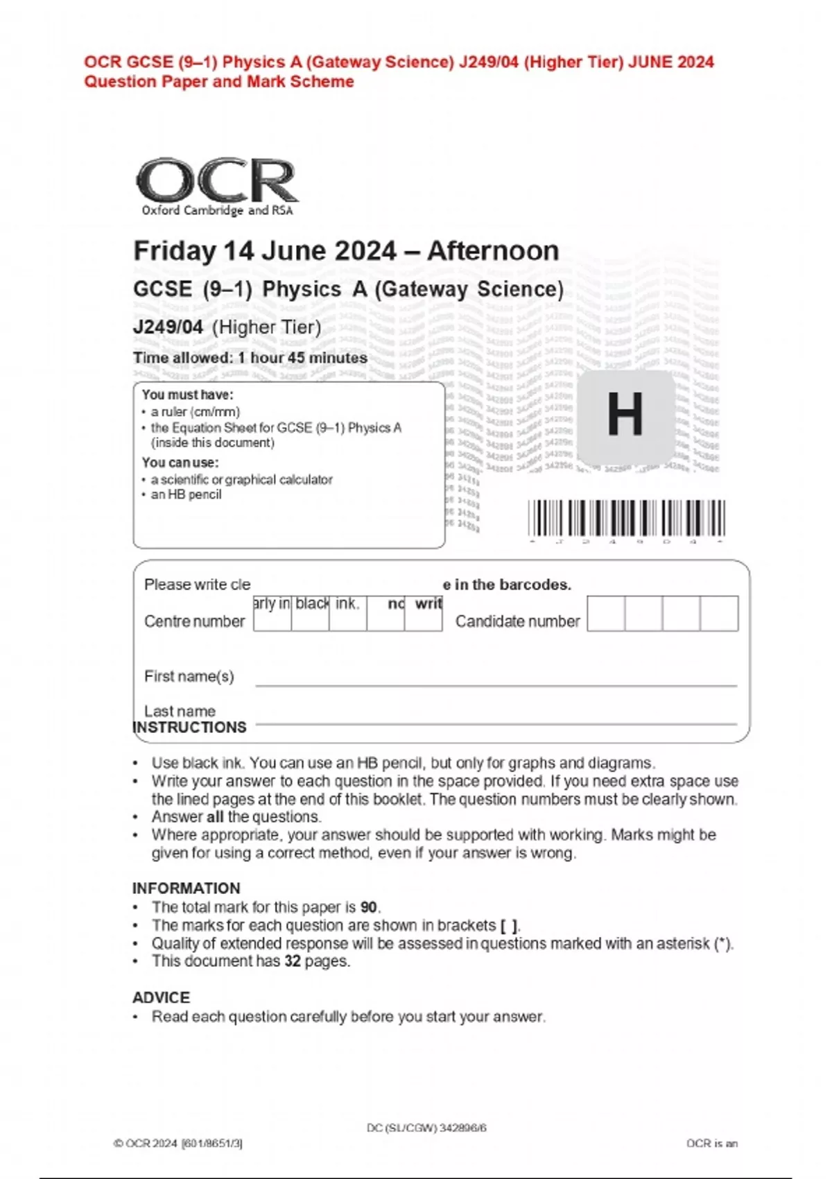 OCR GCSE (9–1) Physics A (Gateway Science) J249/04 (Higher Tier) JUNE ...