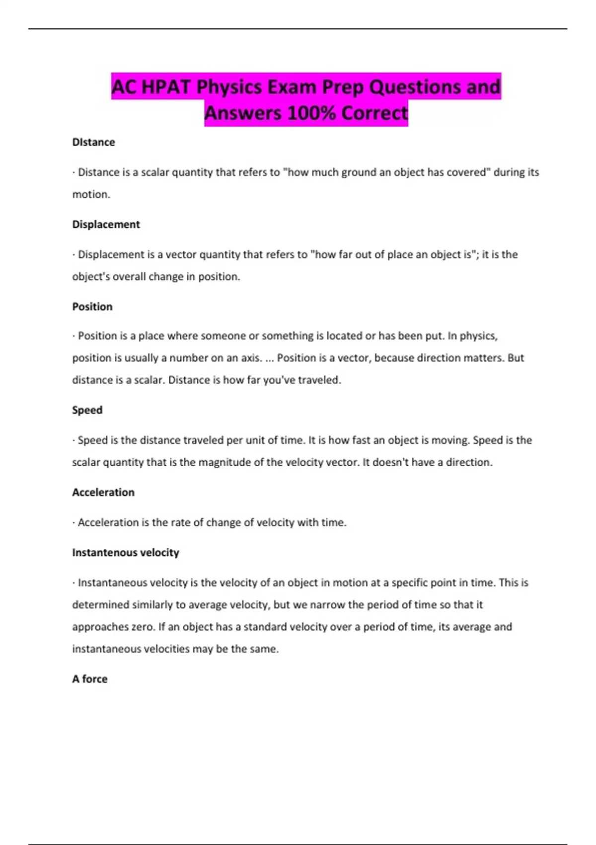 AC HPAT Physics EXAMA BUNDLE, ALL WITH QUESTIONS AND ANSWERS - Stuvia US