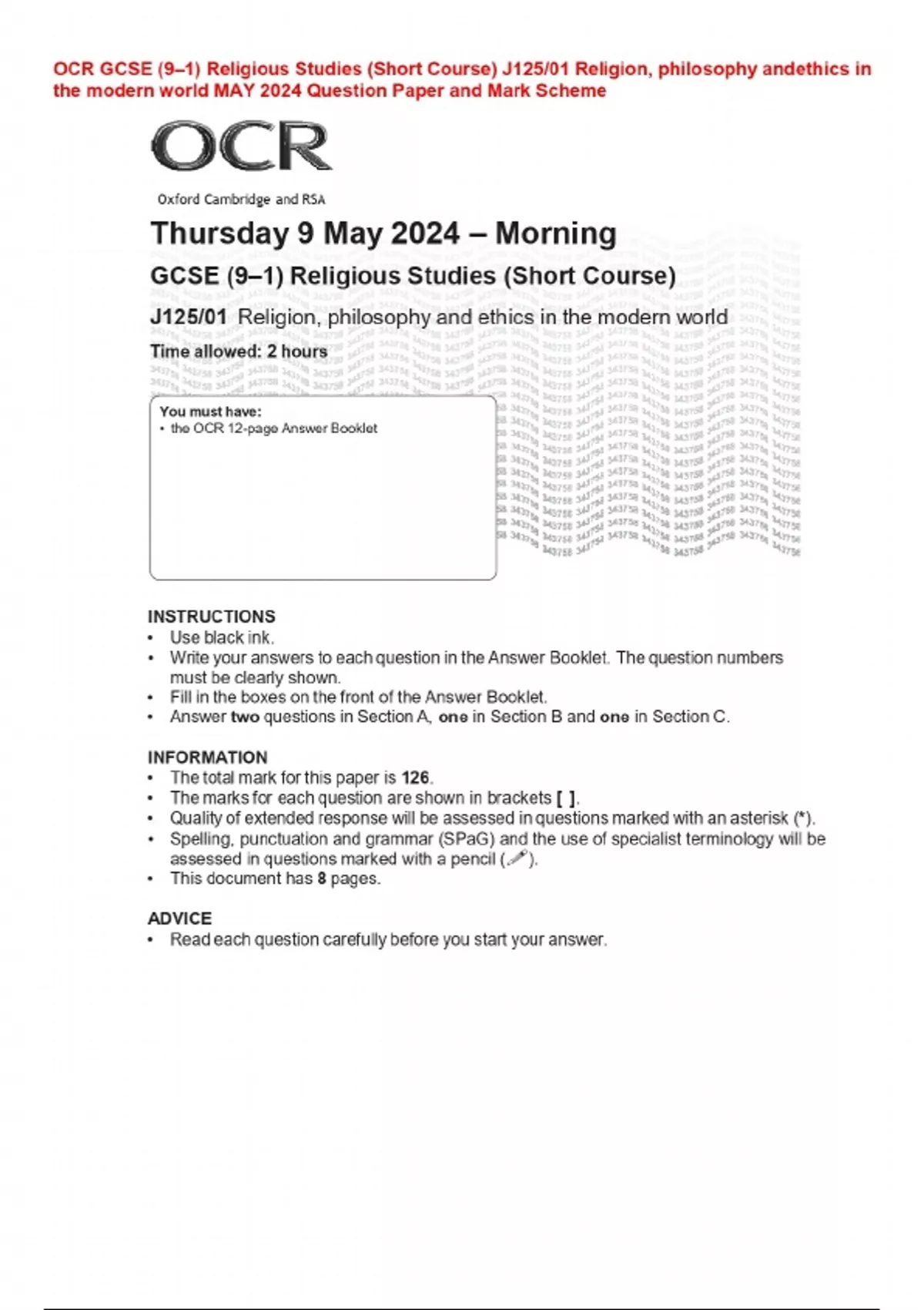 OCR GCSE (9–1) Religious Studies (Short Course) J125/01 Religion ...