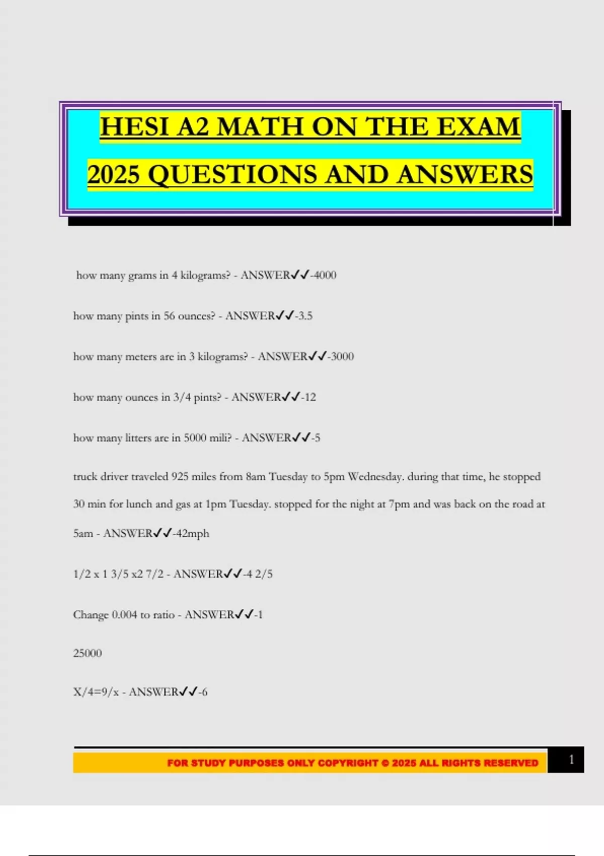 HESI A2 MATH ON THE EXAM 2025 QUESTIONS AND ANSWERS - Hesi A2 - Stuvia US