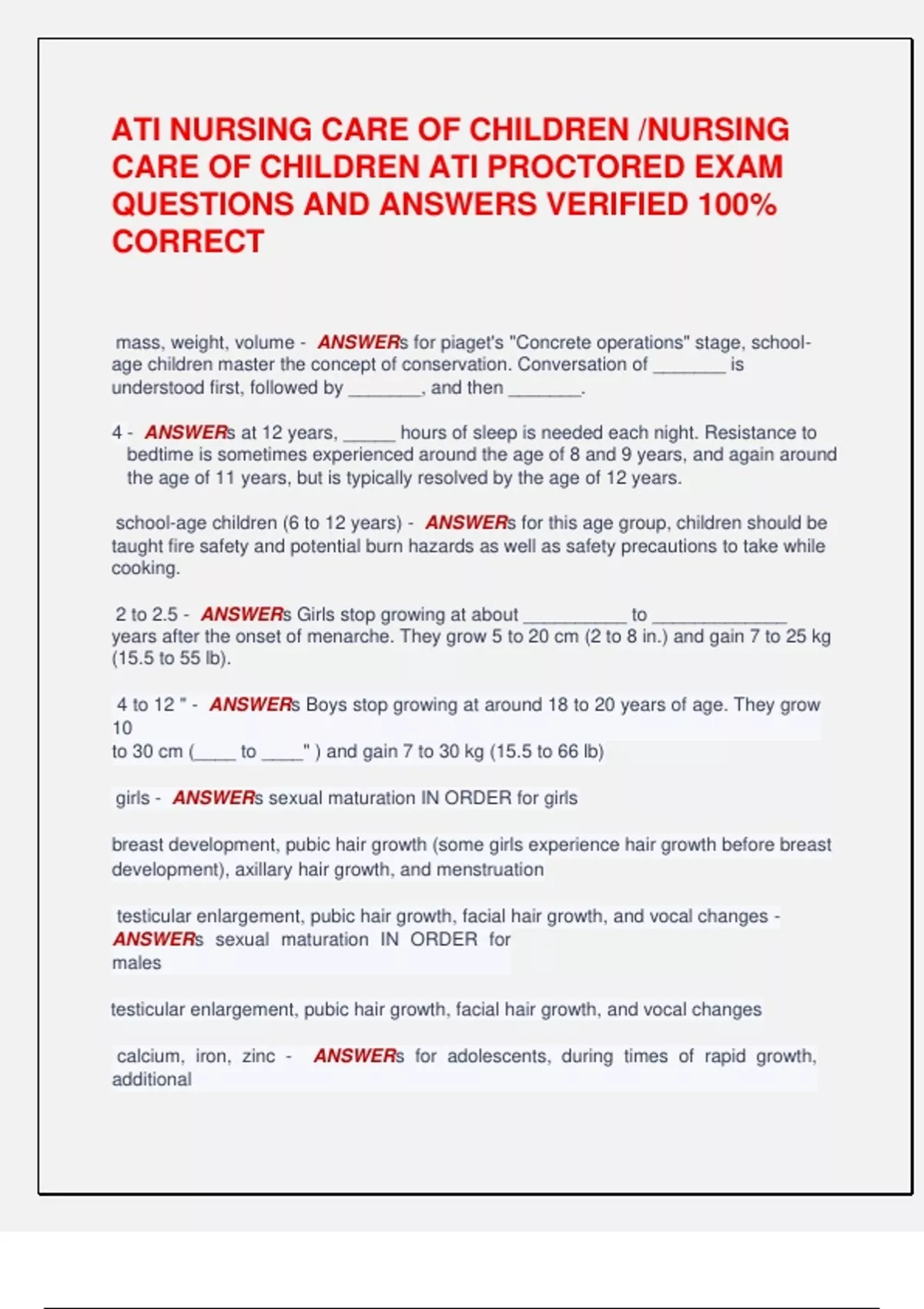 ATI NURSING CARE OF CHILDREN /NURSING CARE OF CHILDREN ATI PROCTORED ...