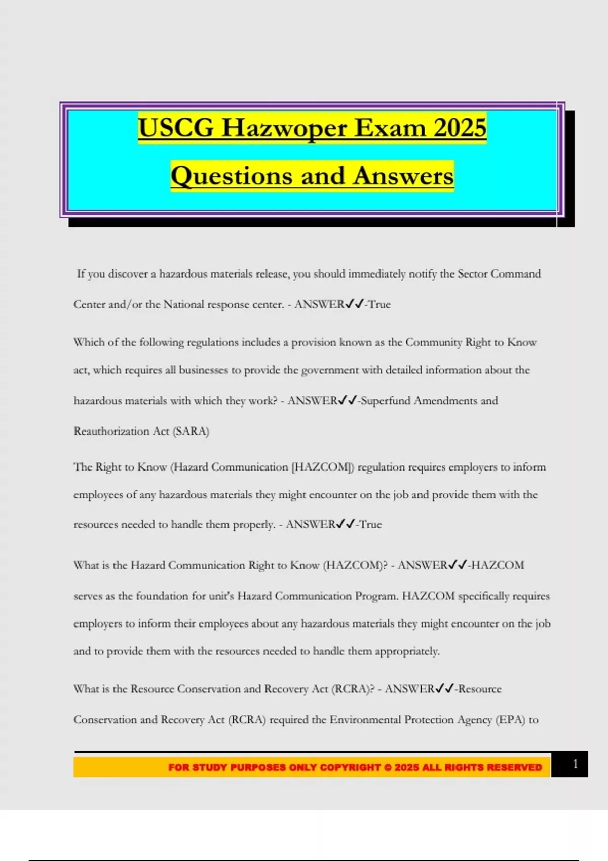 USCG Hazwoper Exam 2025 Questions and Answers - Hazwoper - Stuvia US