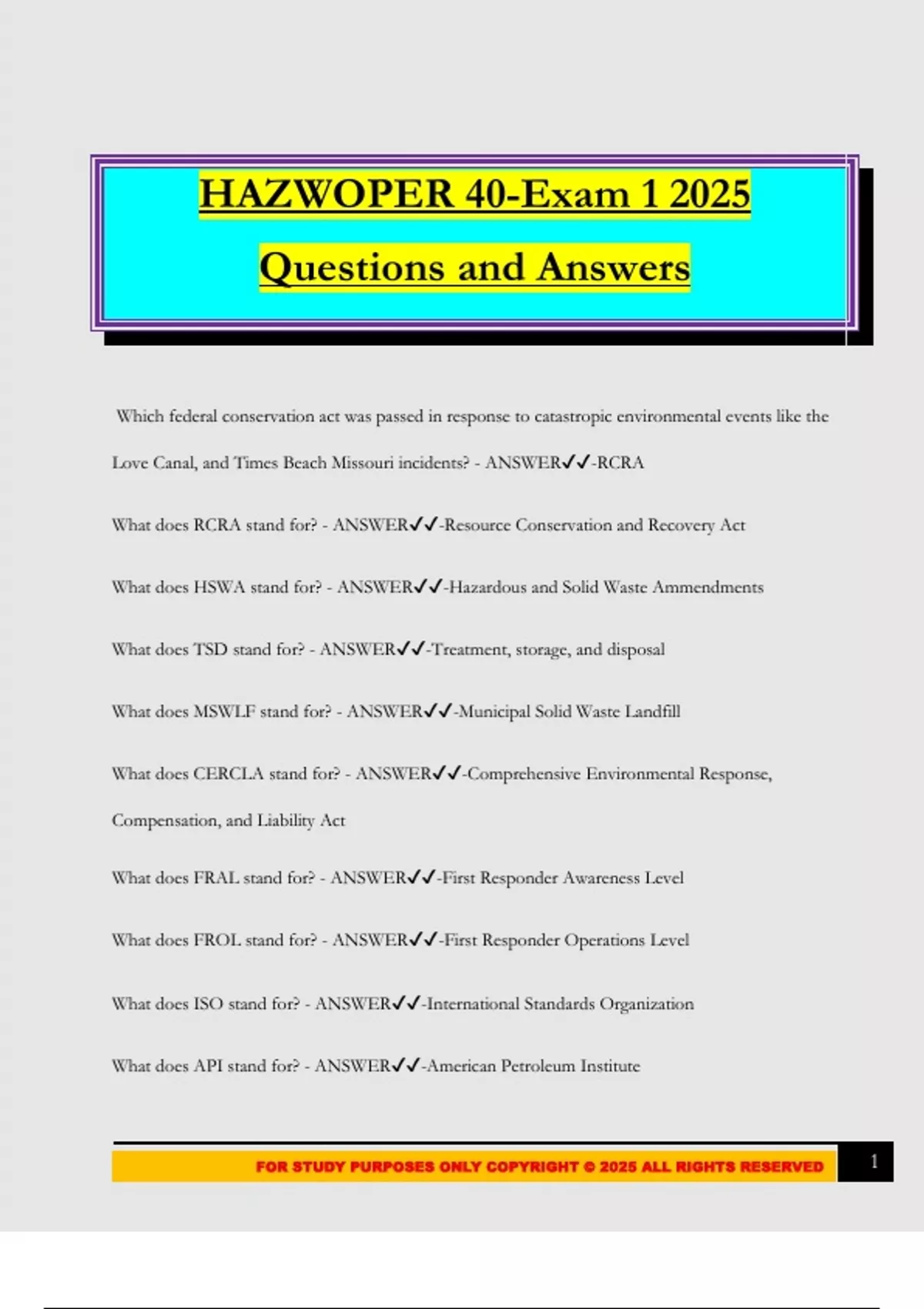 HAZWOPER 40-Exam 1 2025 Questions and Answers - Hazwoper - Stuvia US