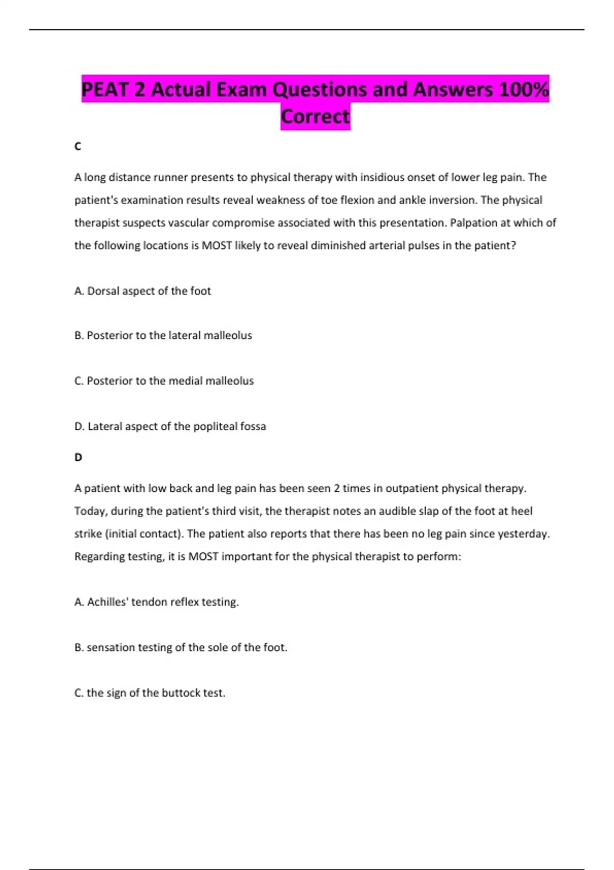 PEAT 2 Actual Exam Questions and Answers 100% Correct - PEAT 2 - Stuvia US