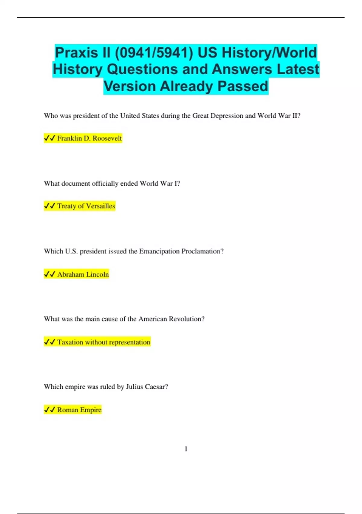 Praxis II (0941/5941) US History/World History Questions and Answers ...