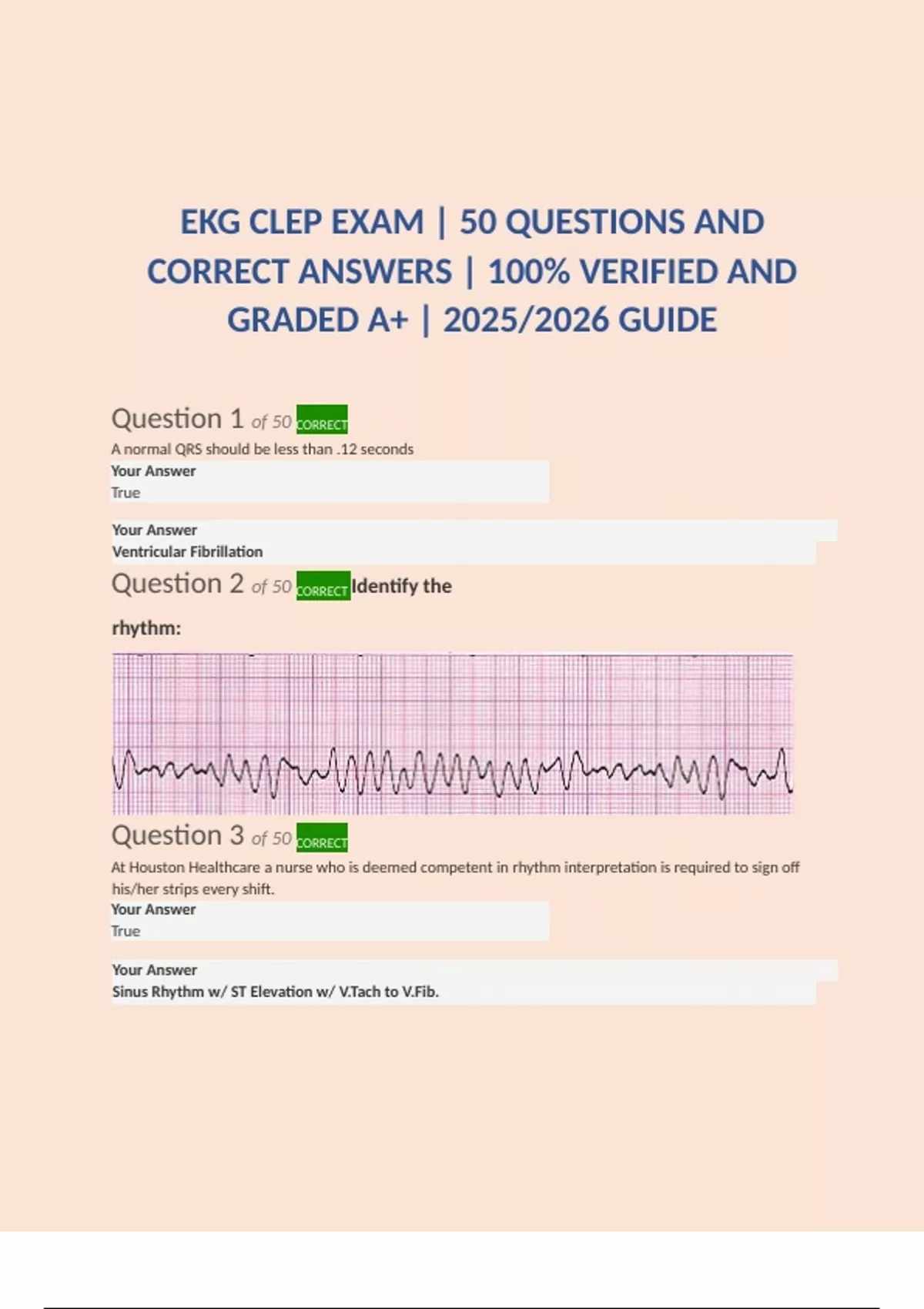 EKG CLEP EXAM | 50 QUESTIONS AND CORRECT ANSWERS | 100% VERIFIED AND ...