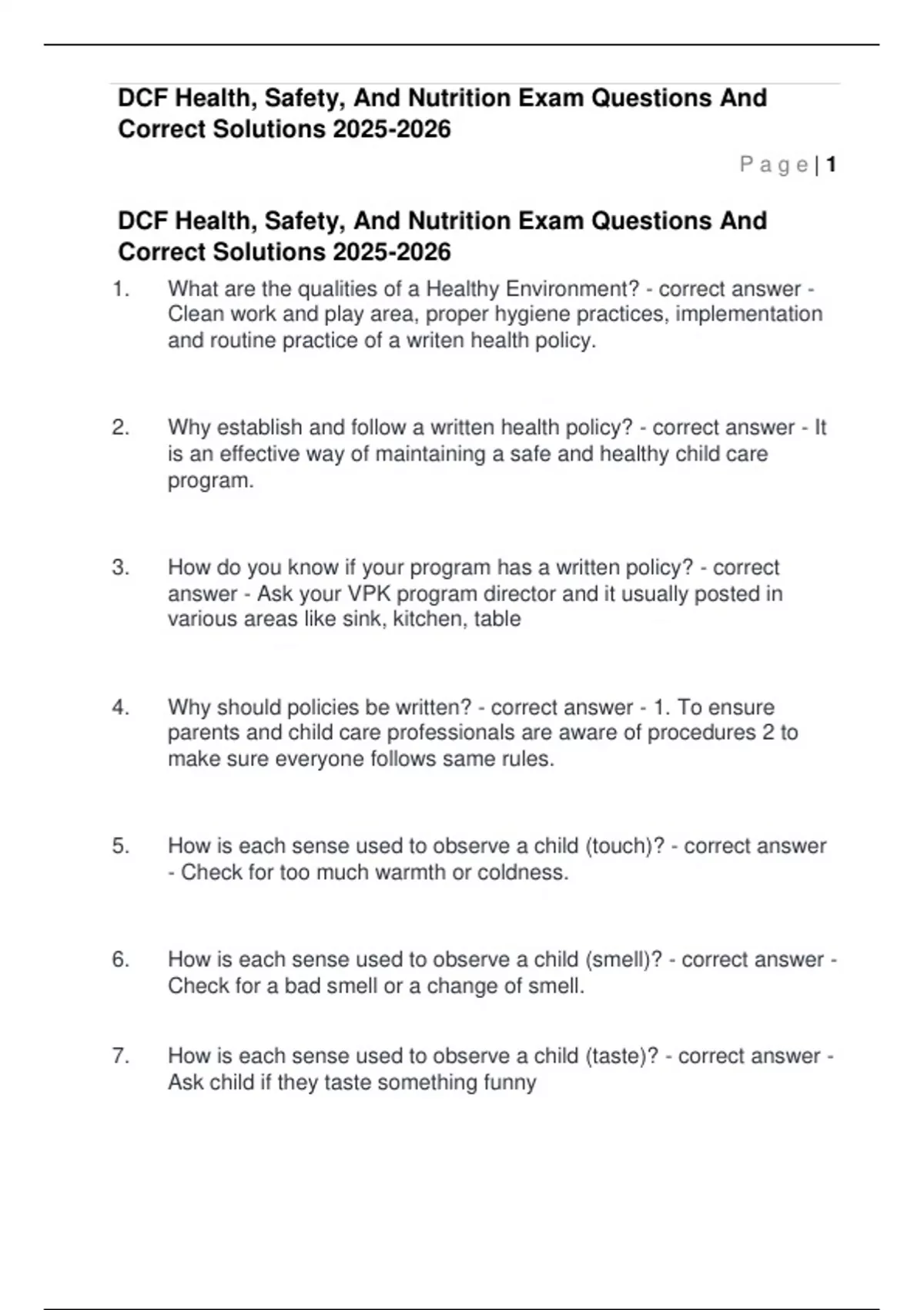 DCF Health, Safety, And Nutrition Exam Questions And Correct Solutions ...