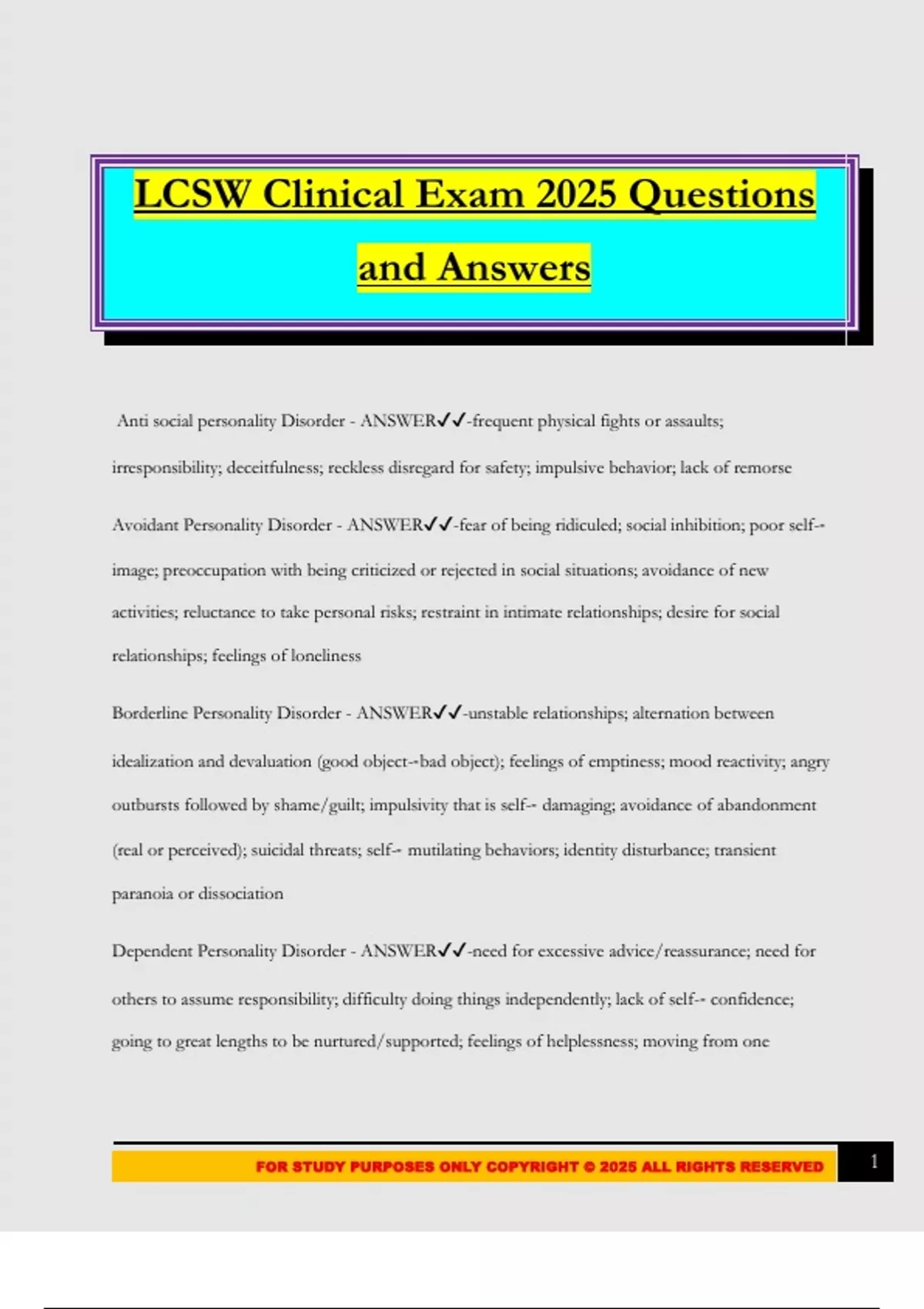 LCSW Clinical Exam 2025 Questions and Answers - LCSW - Stuvia US