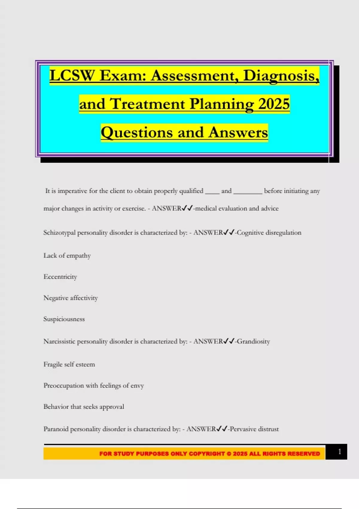 LCSW Exam: Assessment, Diagnosis, and Treatment Planning 2025 Questions ...