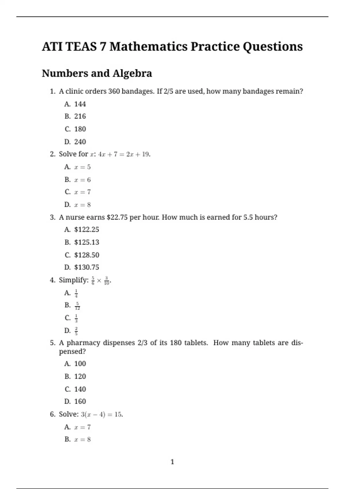 ATI TEAS 7 Mathematics Practice Questions 2025 – 80 High-Yield ...
