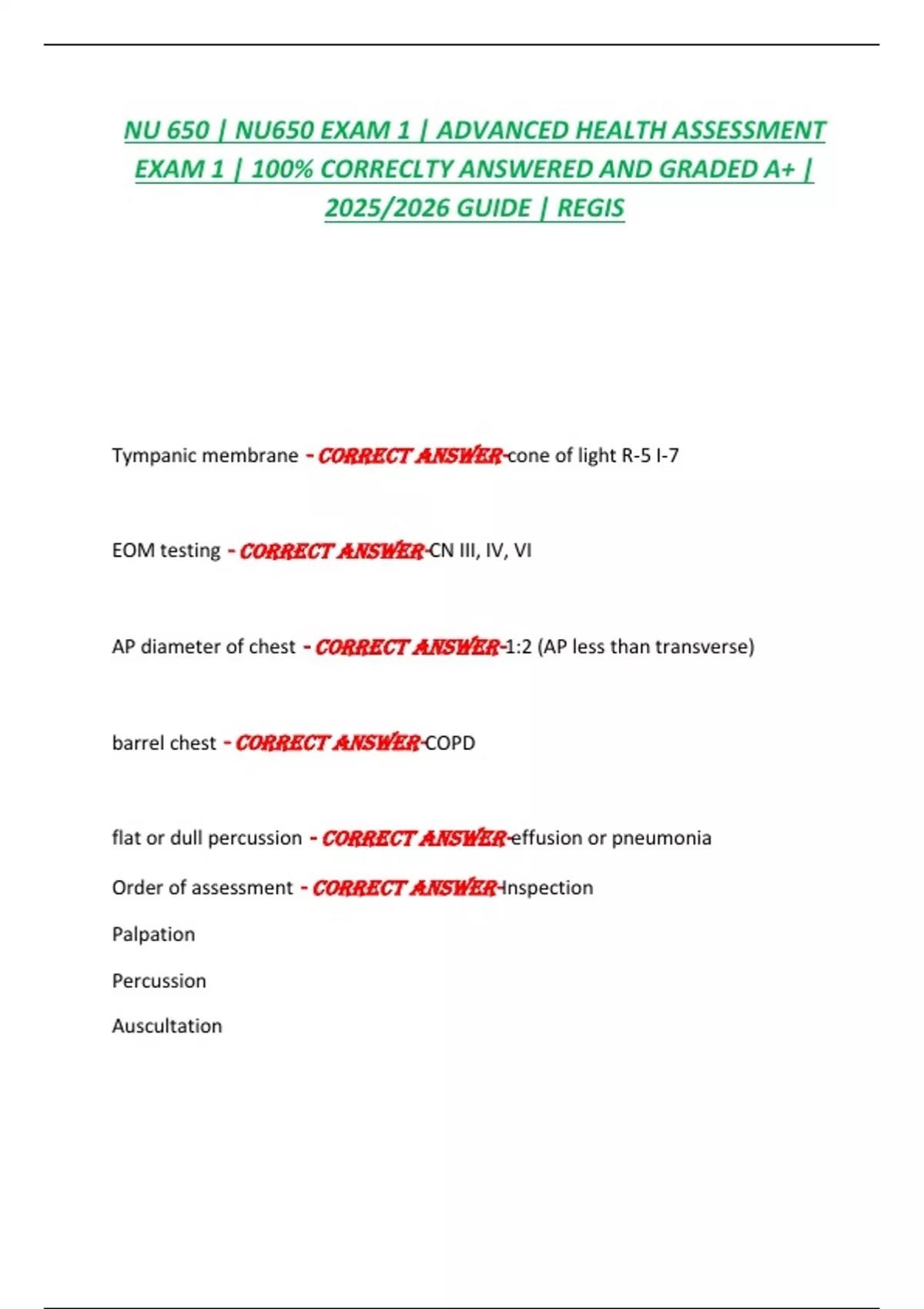 NU 650 | NU650 EXAM 1 | ADVANCED HEALTH ASSESSMENT EXAM 1 | 100% ...