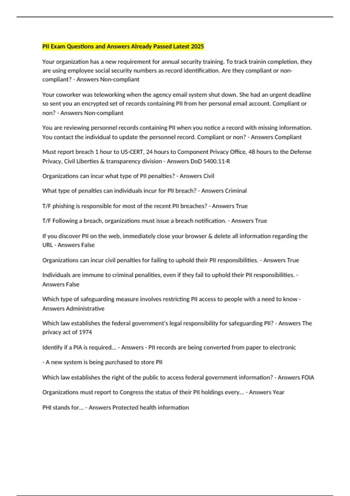 PII Exam Questions and Answers Already Passed Latest 2025 - PII - Stuvia US