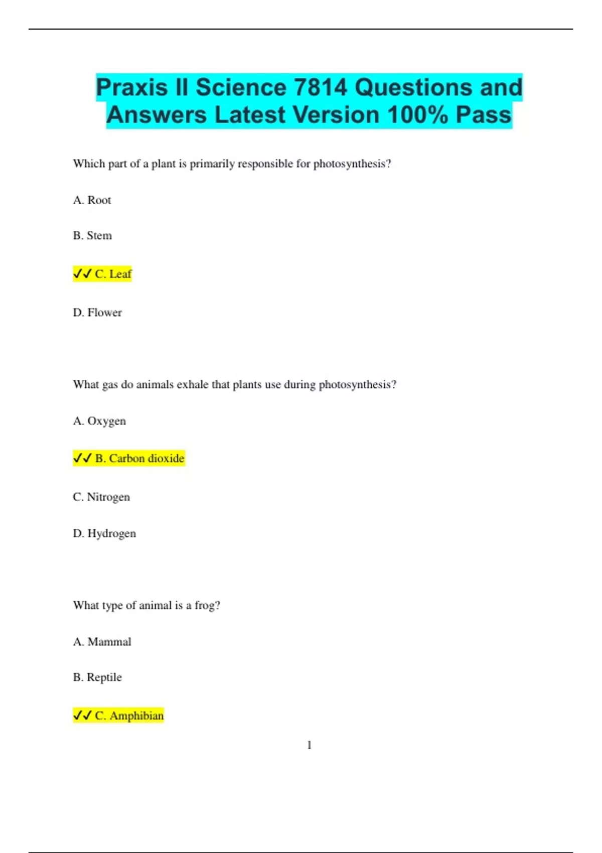 Praxis II Science 7814 Questions and Answers Latest Version 100% Pass ...