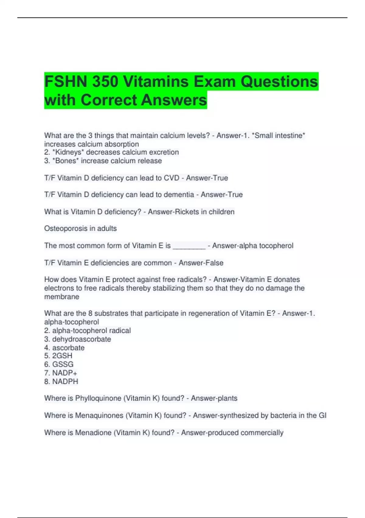 FSHN 350 Vitamins Exam Questions with Correct Answers - FSHN 350 ...