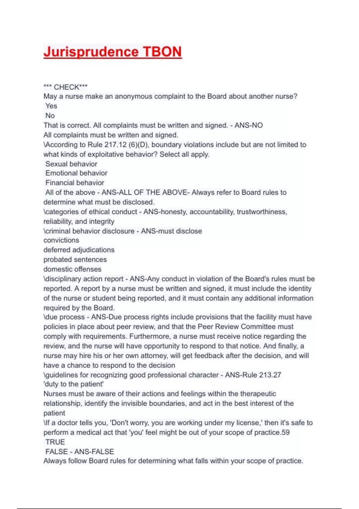 Jurisprudence TBON Exam 2025/2026 Questions With Completed Solutions ...