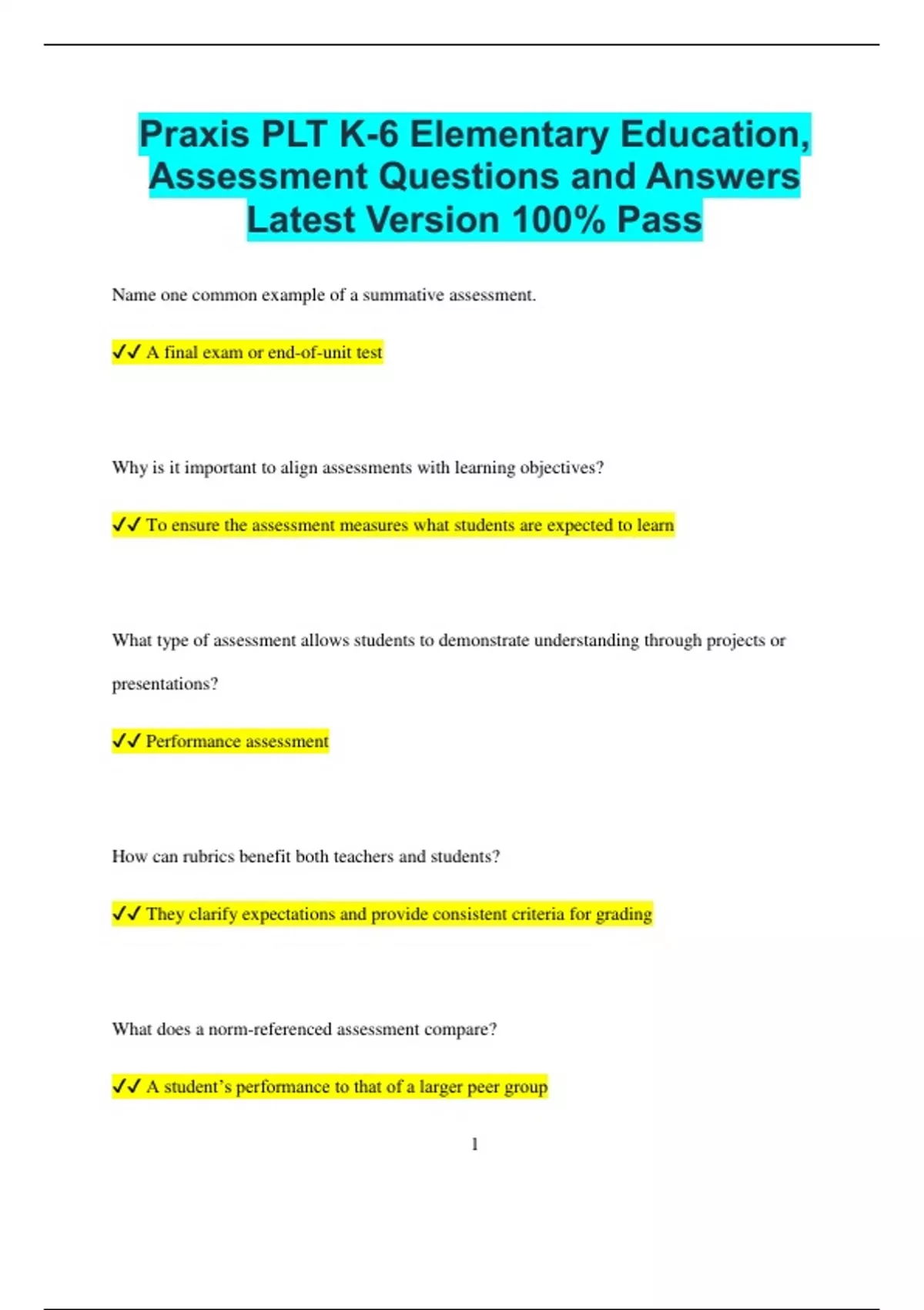 Praxis PLT K-6 Elementary Education, Assessment Questions and Answers ...