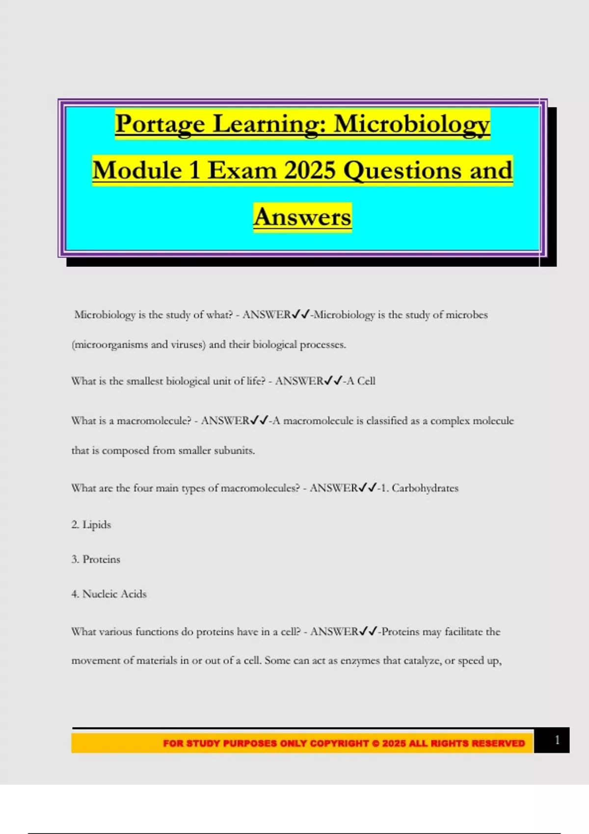 Portage Learning: Microbiology Module 1 Exam 2025 Questions and Answers ...