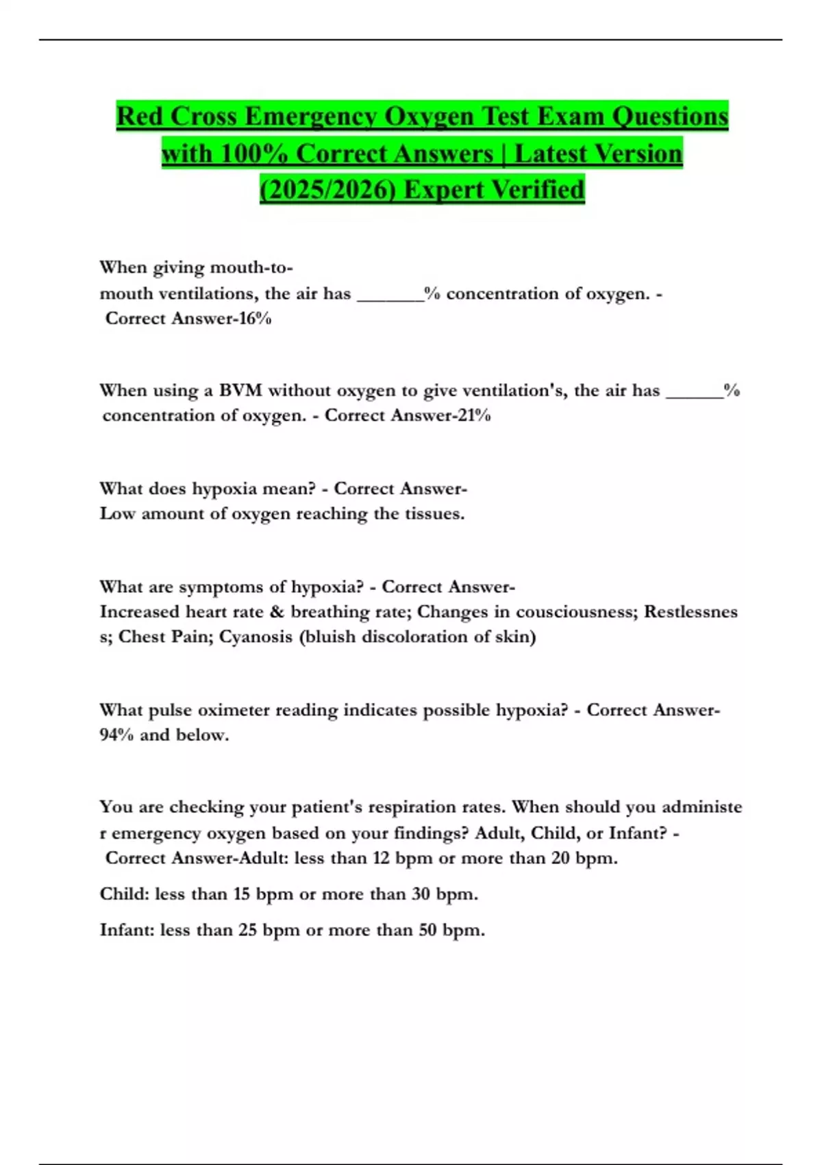 Red Cross Emergency Oxygen Test Exam Questions with 100% Correct ...