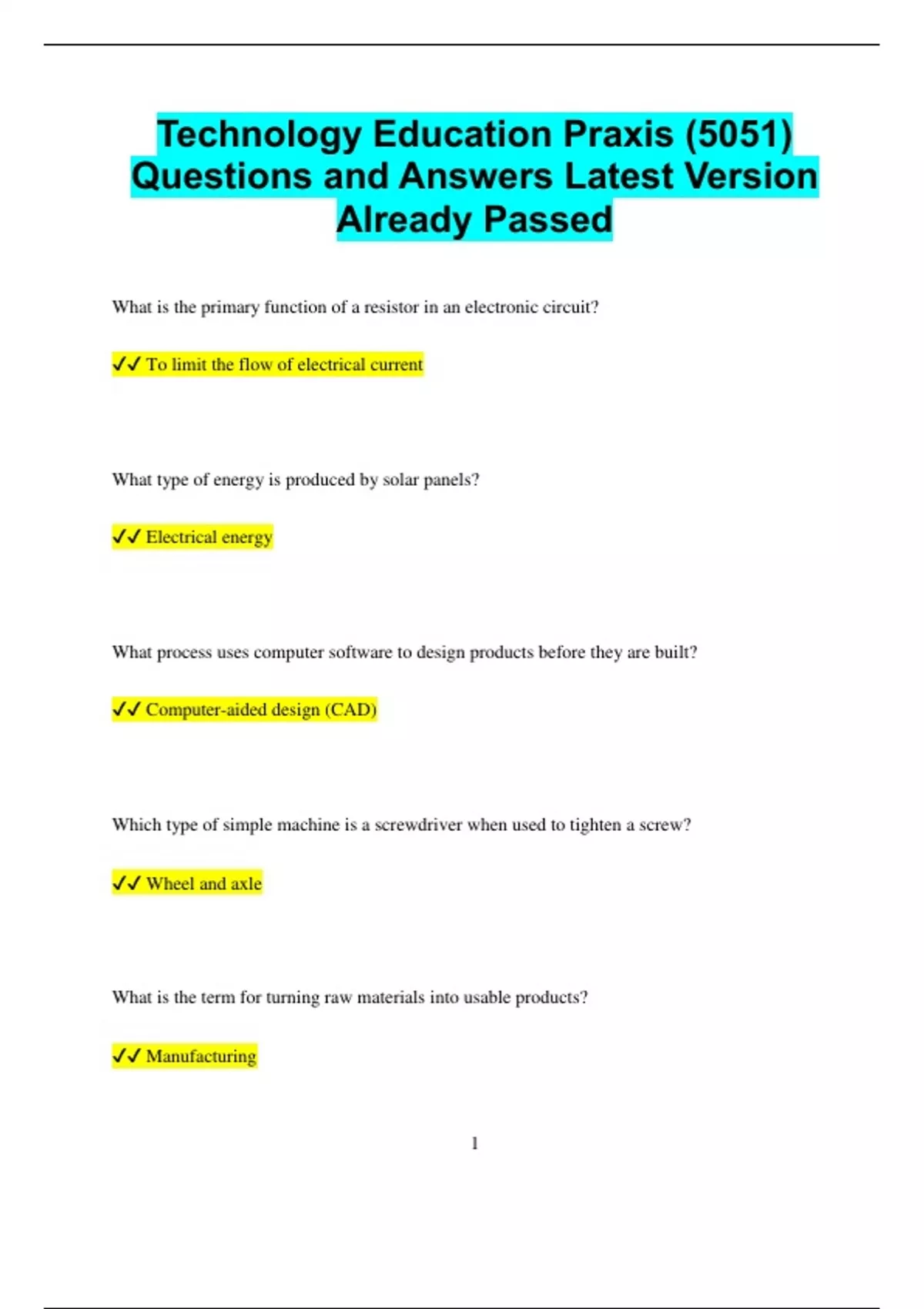 Technology Education Praxis (5051) Questions and Answers Latest Version ...