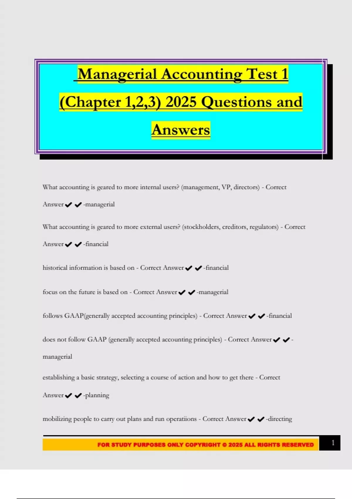 Managerial Accounting Test 1 (Chapter 1,2,3) 2025 Questions and Answers ...