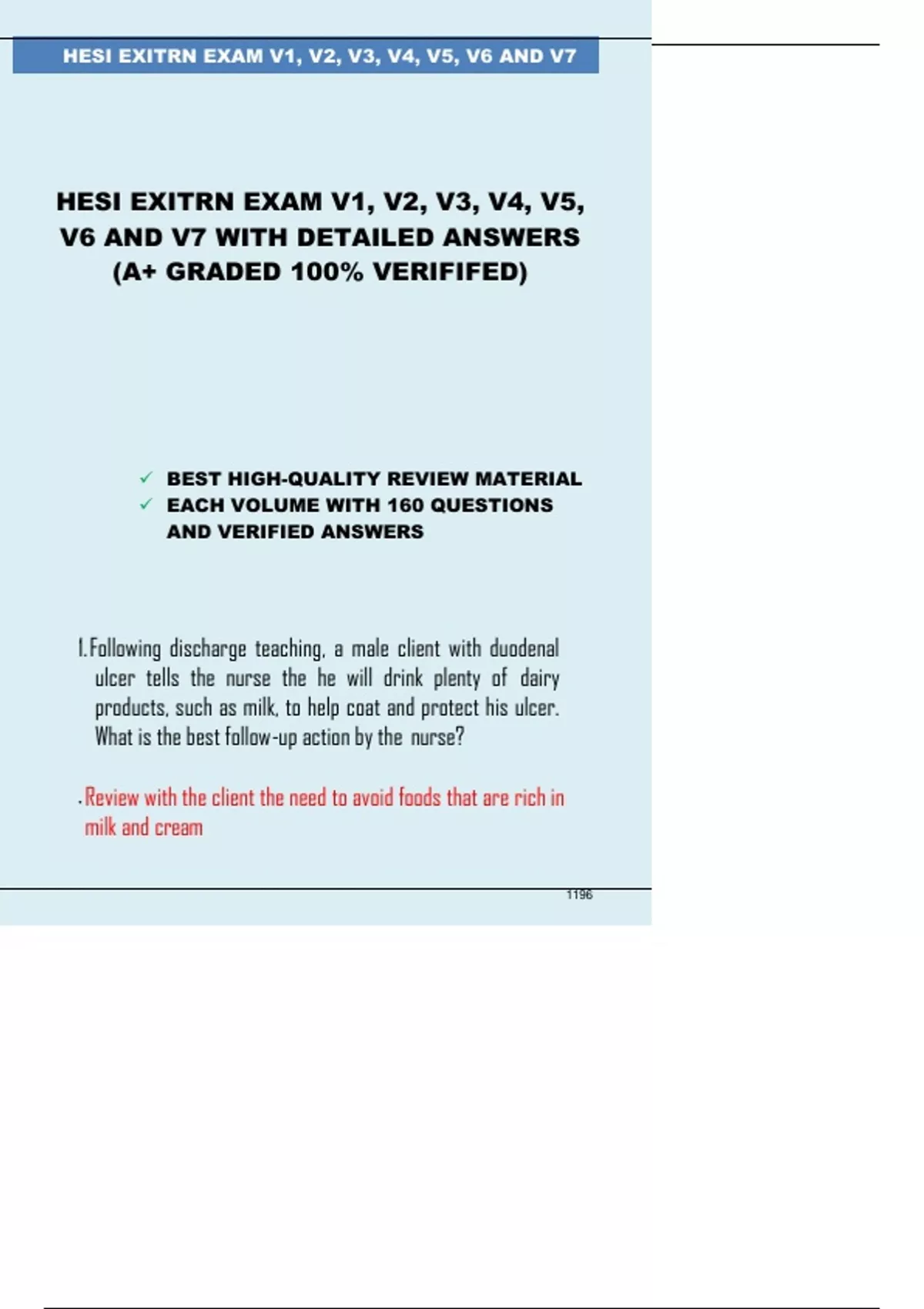 HESI EXITRN EXAM V1, V2, V3, V4, V5, V6 AND V7 WITH DETAILED ANSWERS ...