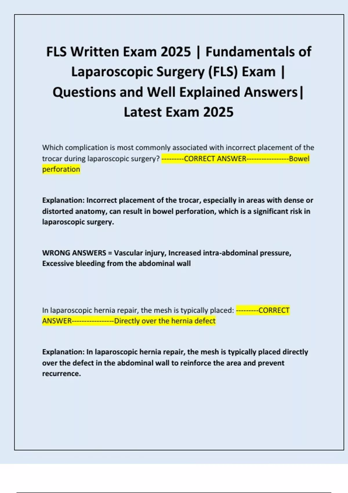 FLS Written Exam 2025 | Fundamentals of Laparoscopic Surgery (FLS) Exam ...