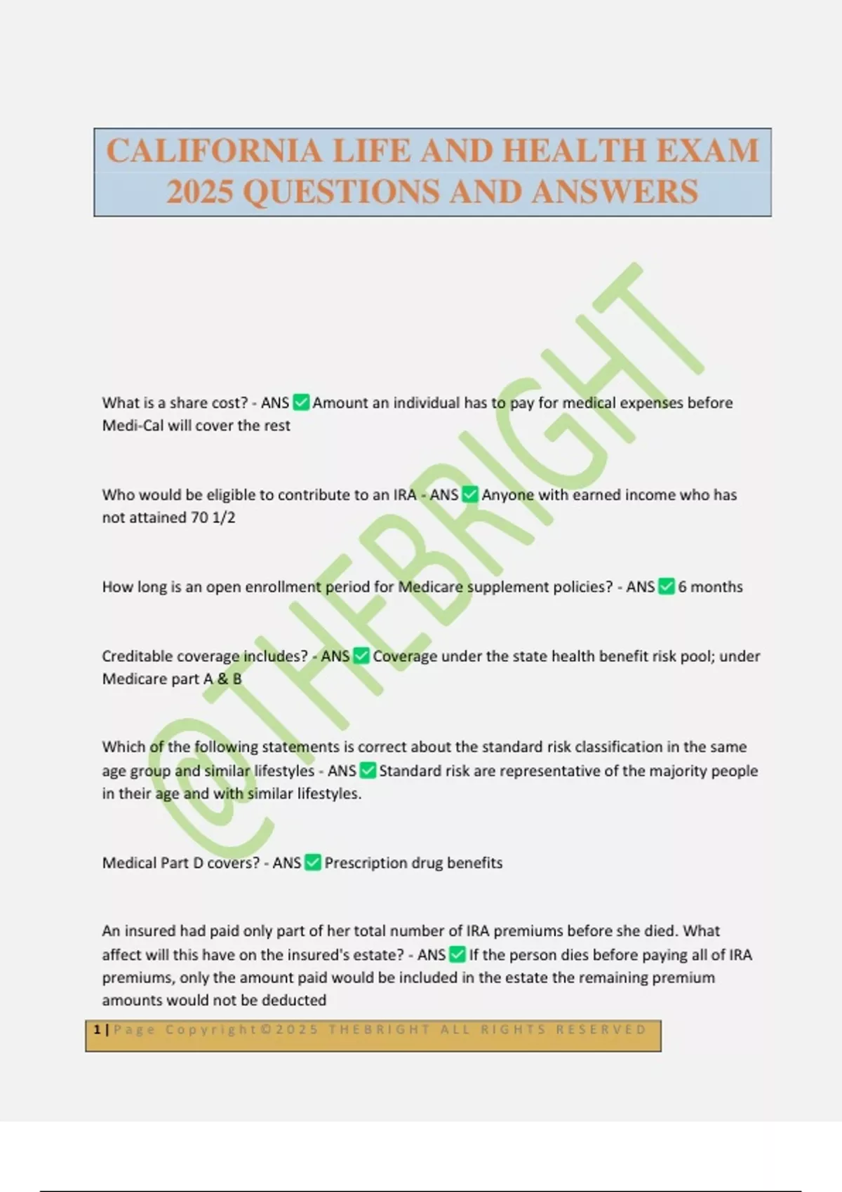 CALIFORNIA LIFE AND HEALTH EXAM 2025 QUESTIONS AND ANSWERS - CALIFORNIA ...