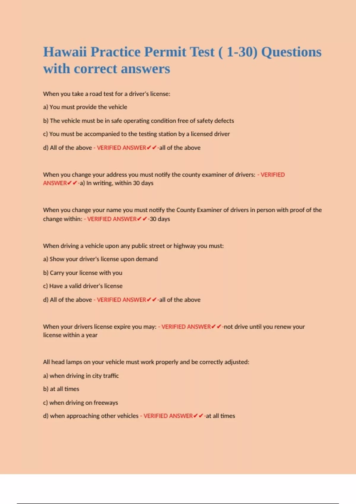 Hawaii Practice Permit Test ( 1-30) Questions with correct answers ...