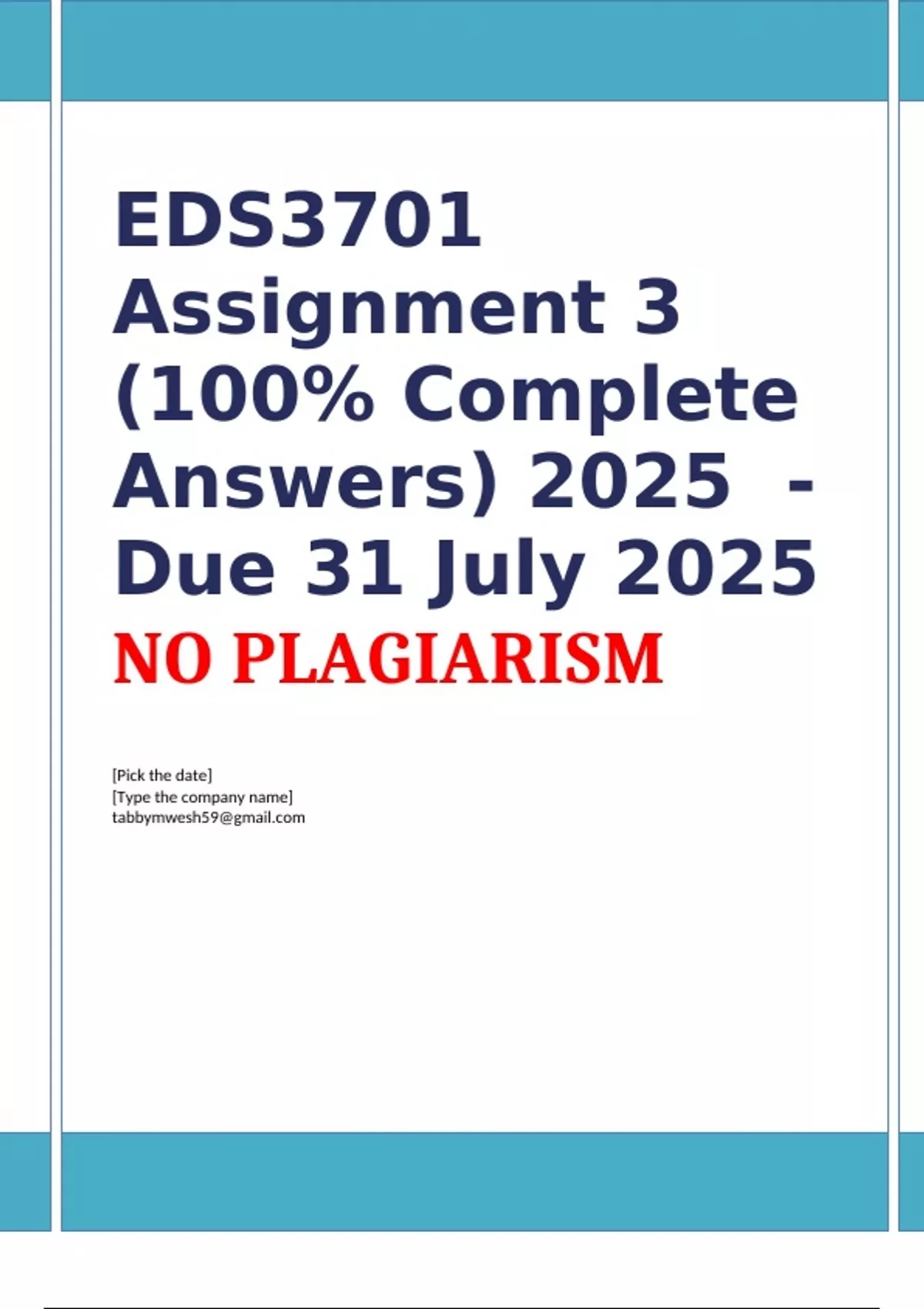 EDS3701 Assignment 3 (100% Complete Answers) 2025 - Due 31 July 2025 ...