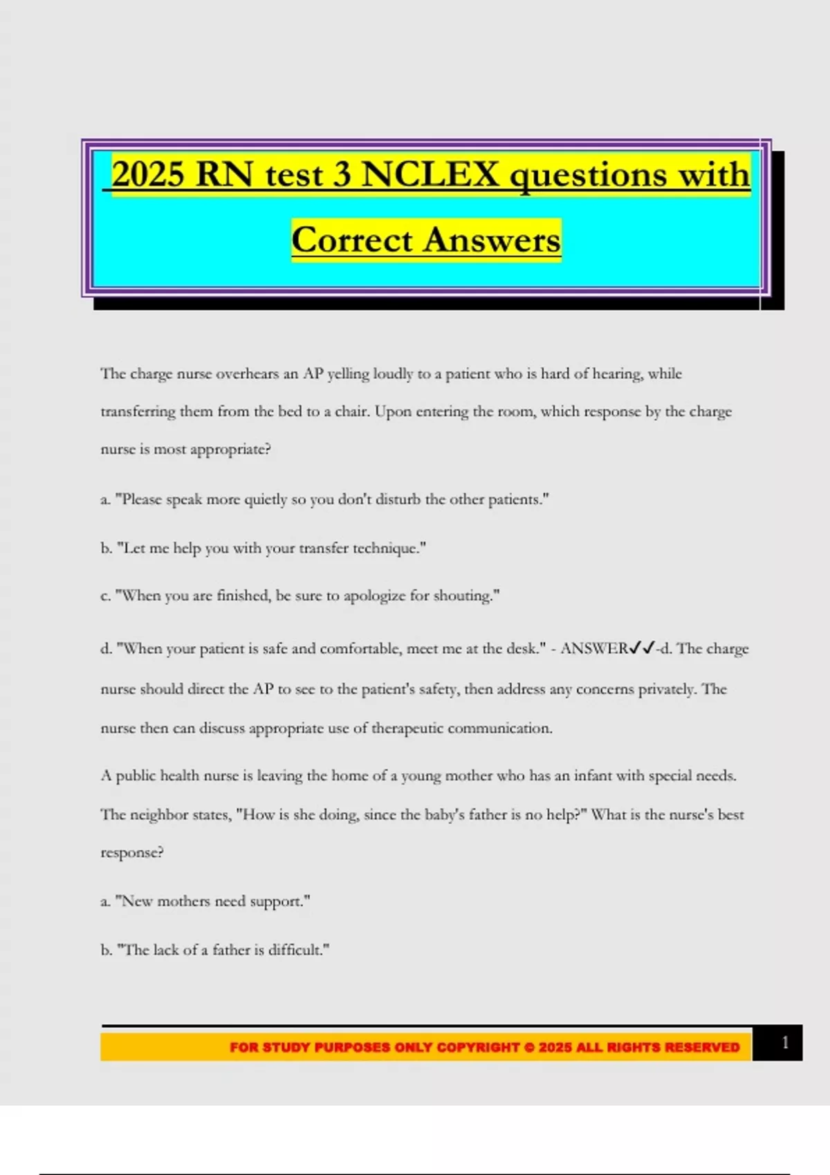 2025 RN test 3 NCLEX questions with Correct Answers - Nclex - Stuvia US