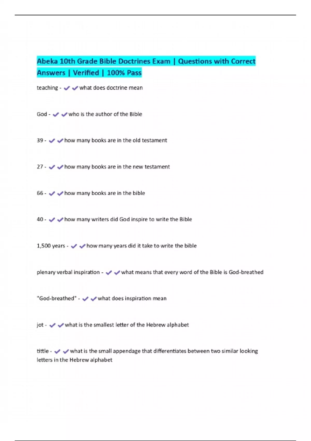 Abeka 10th Grade Bible Doctrines Exam | Questions with Correct Answers ...
