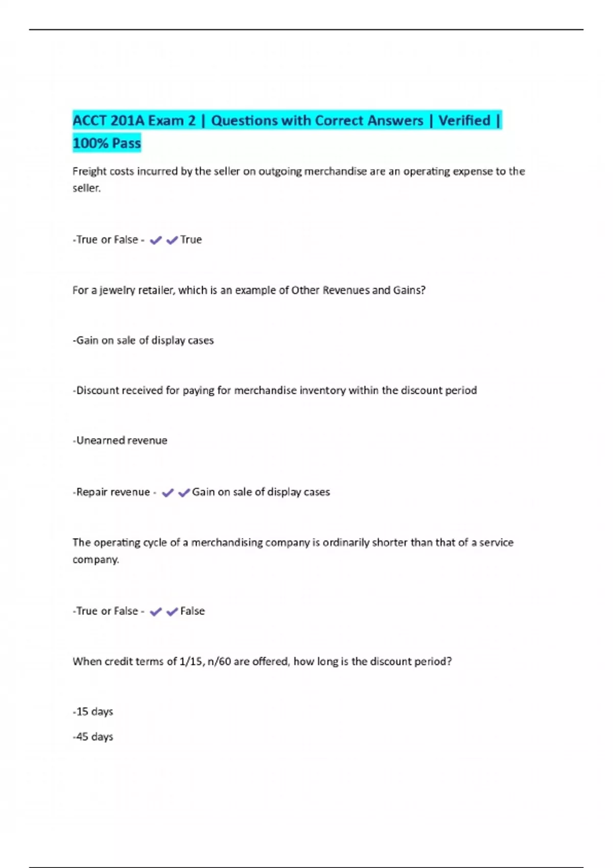 ACCT 201A Exam 2 | Questions with Correct Answers | Verified | 100% ...